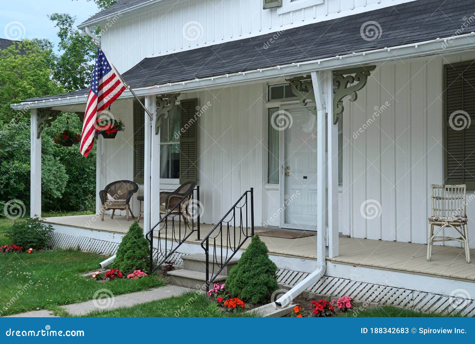 Old Fashioned House with Porch on Whole Width Stock Image - Image of ...