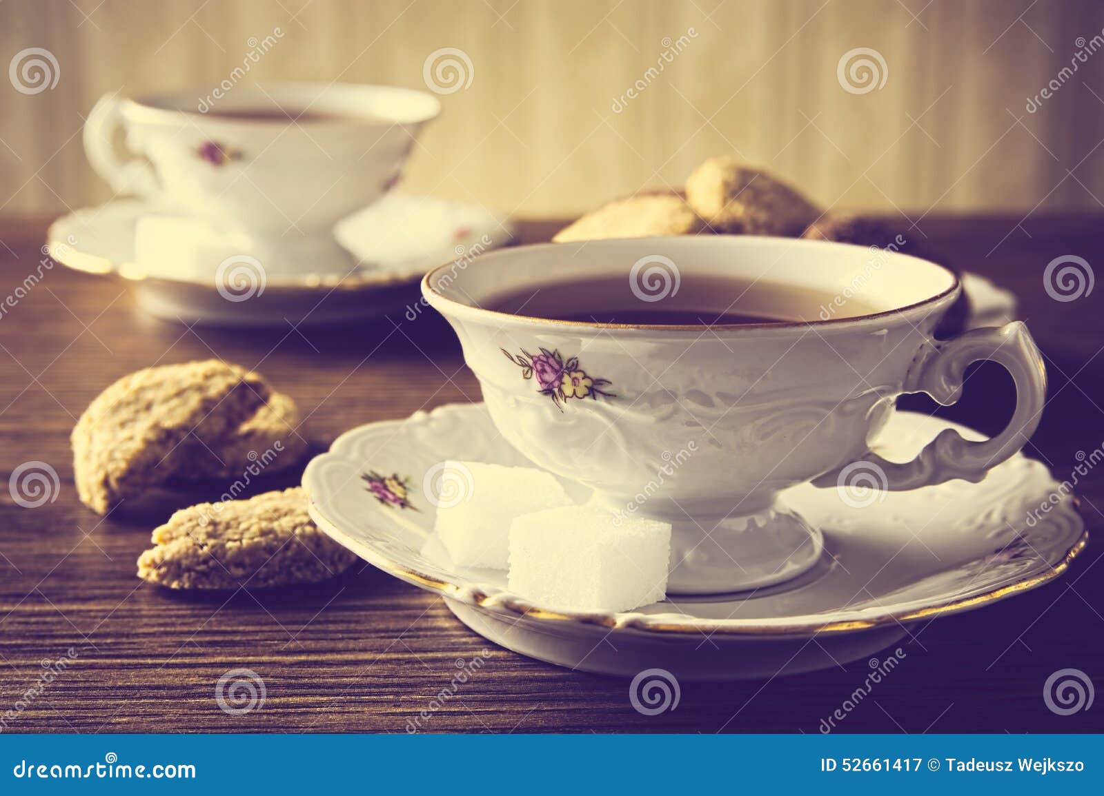 Old-fashioned Image with Two Cups of Tea Vintage Effect Stock Image ...