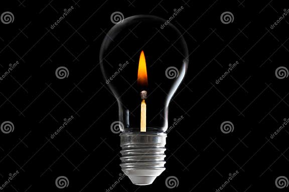 Lightbulb with a Burning Match on Black Stock Photo - Image of ...