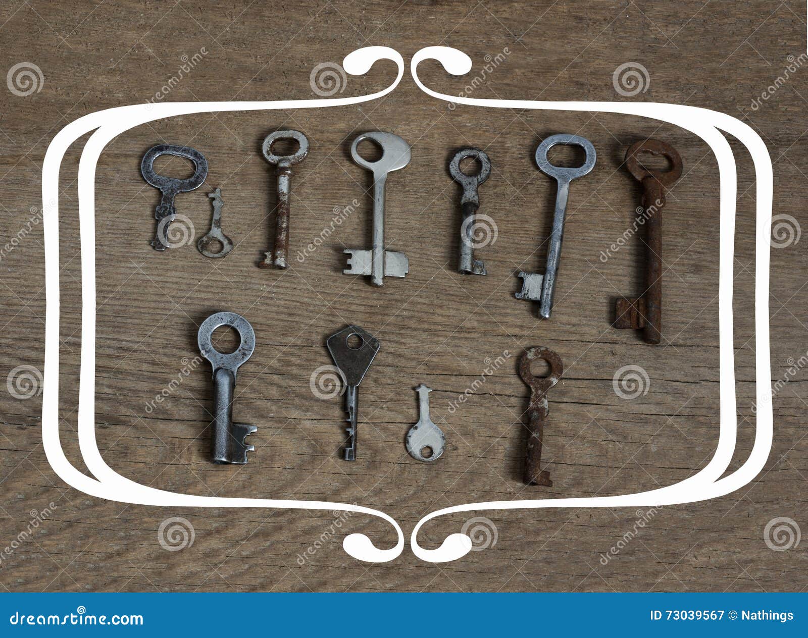 Old Fashioned Keys on Wooden Aged Background with Frame Concept Stock ...