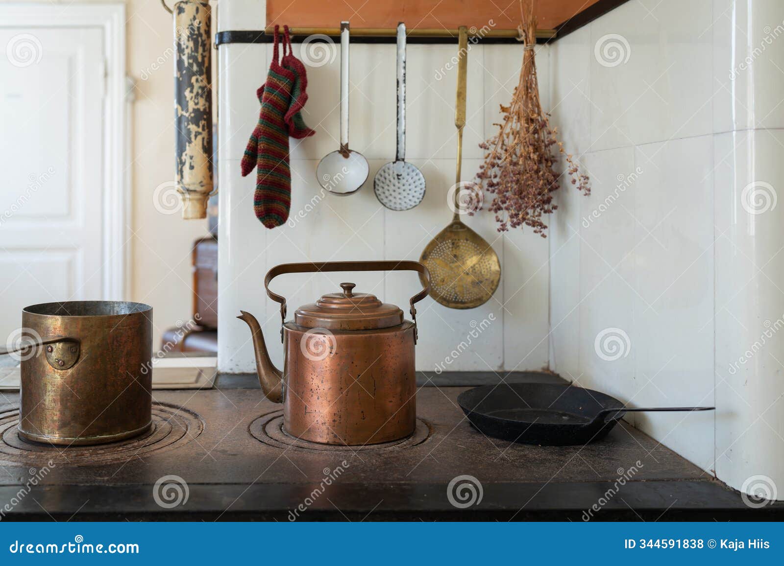 An Old-fashioned Kitchen Interior. Set of Ancient Kitchen Utensils ...