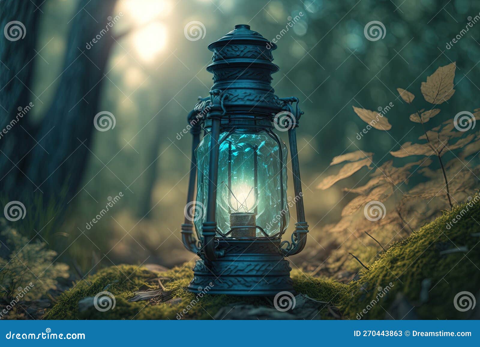 An Old Fashioned Lantern in the Woods with a Light Shining on it. Stock ...