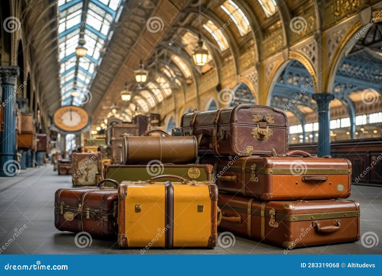 Old-fashioned Luggage Set in a Train Station Stock Illustration ...