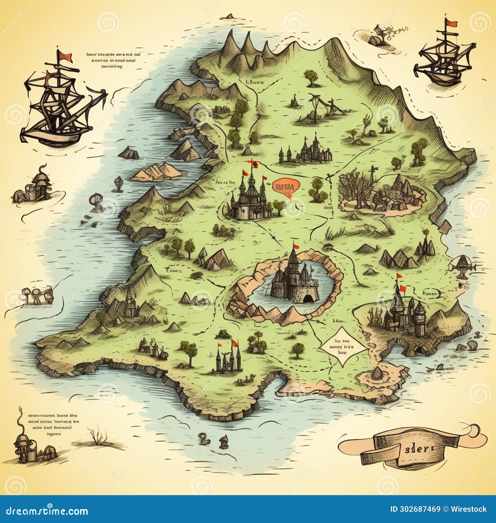 Old-fashioned Map of an Island Dotted with Picturesque Castles. AI ...