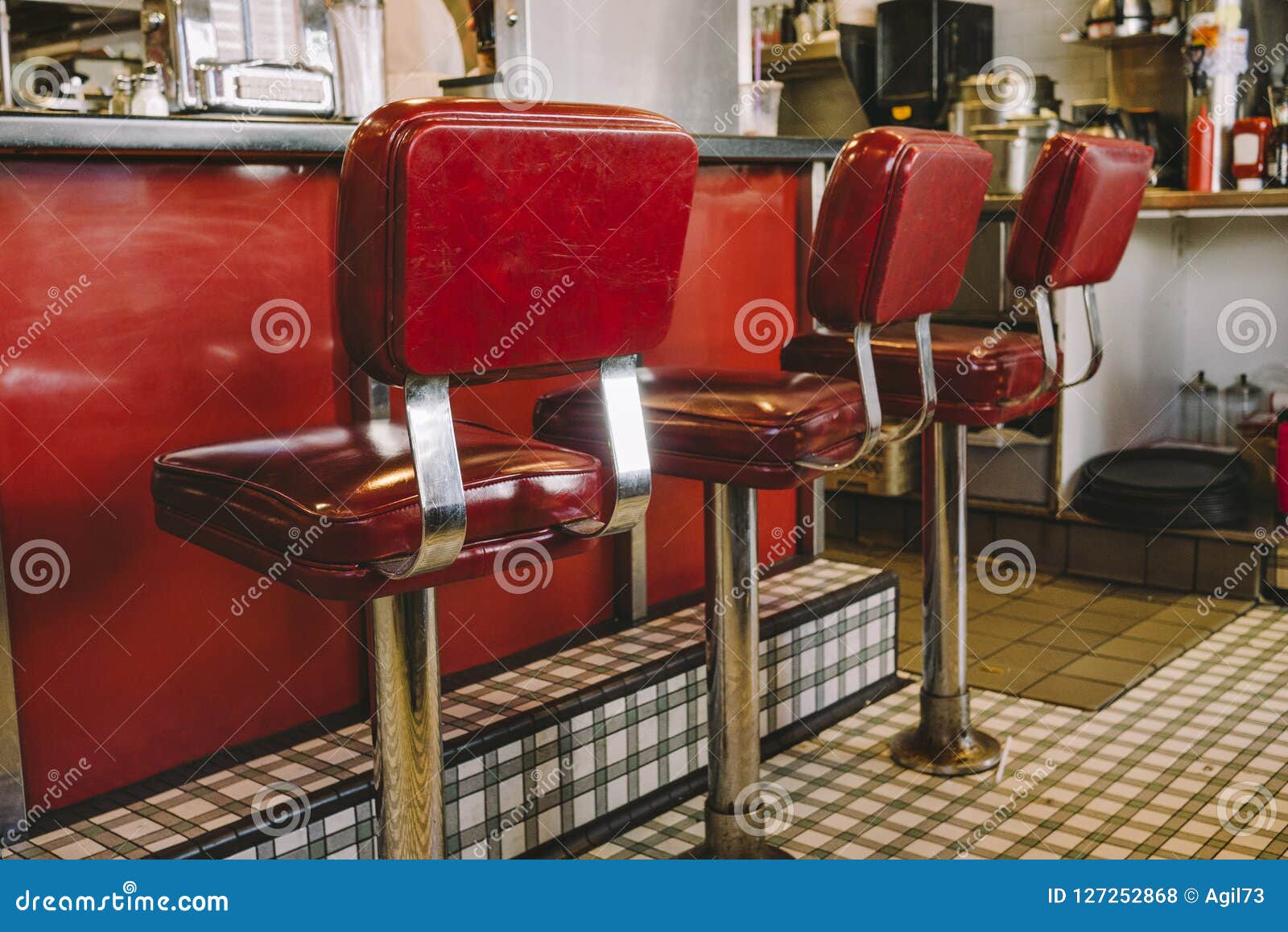 Red Booth Stools in a Diner Stock Photo - Image of kitchen, decor ...
