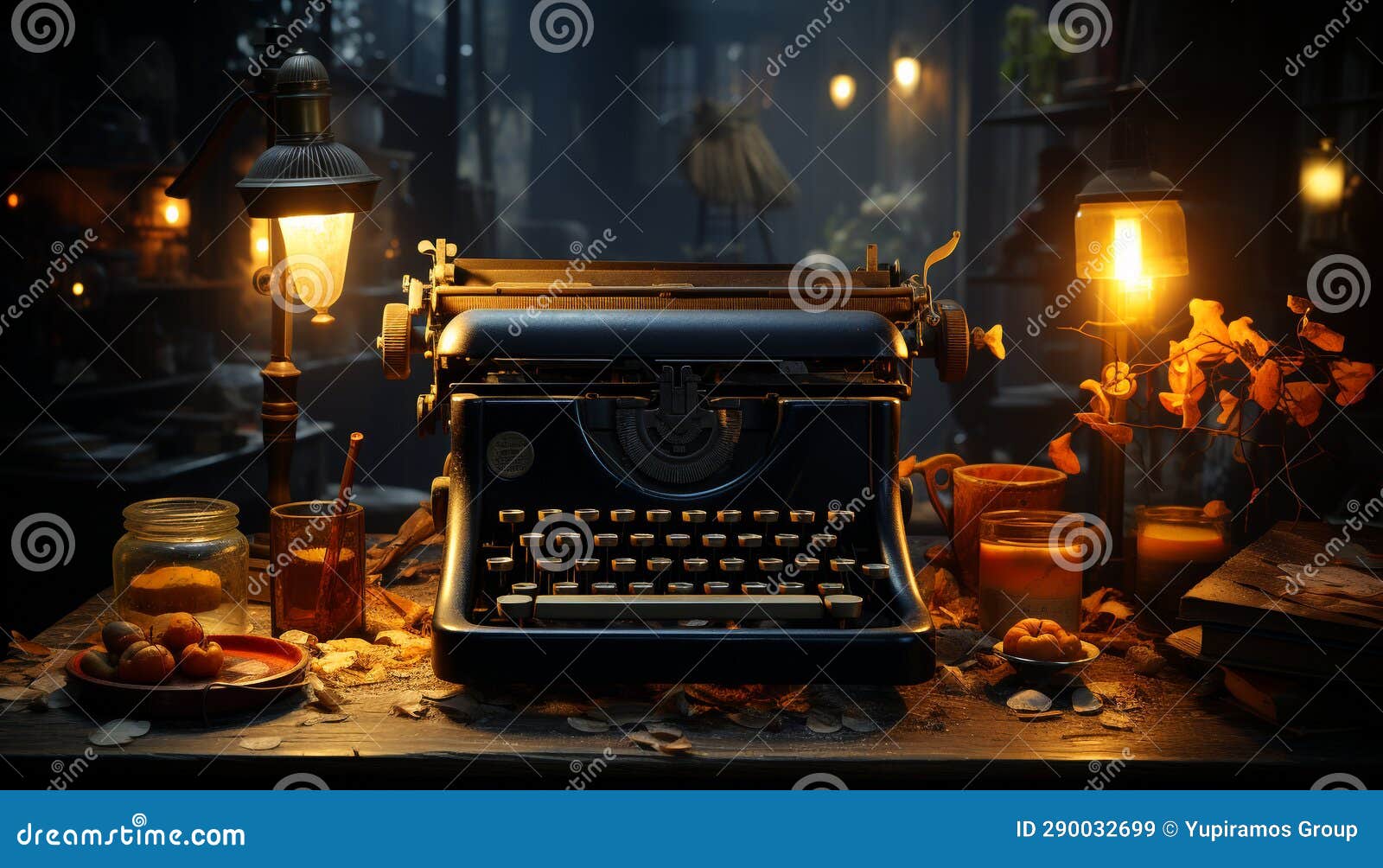 An Old Fashioned Table with an Antique Typewriter, Paper, and Candle ...