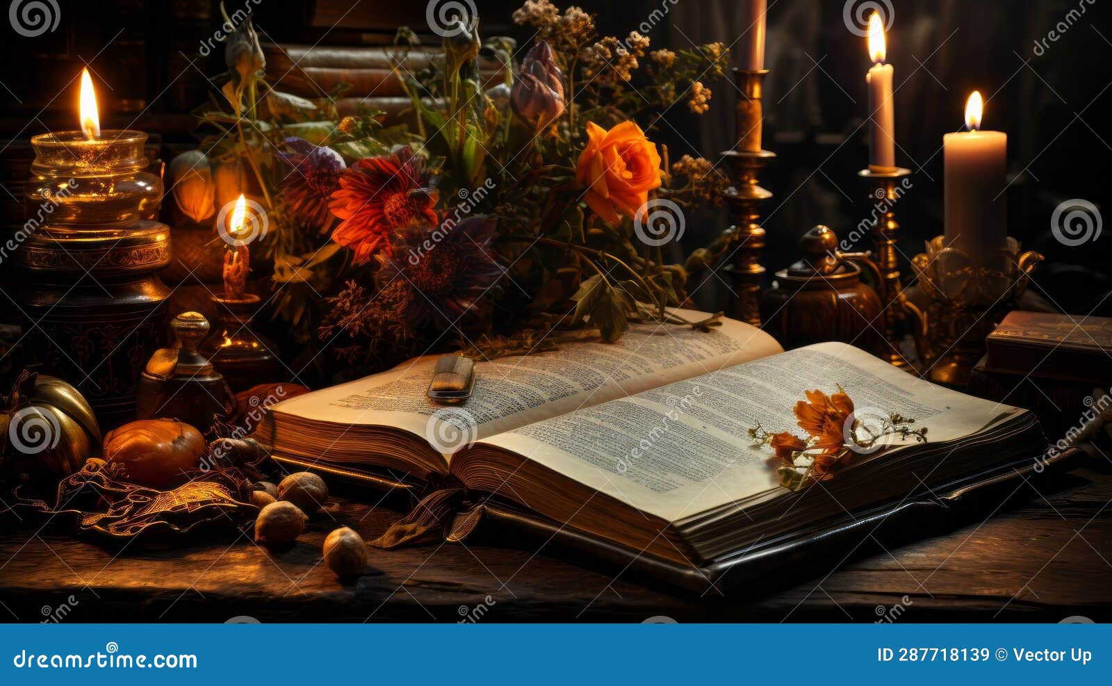 Old Fashioned Table Illuminated by Candle Flame Readin. Generative AI ...