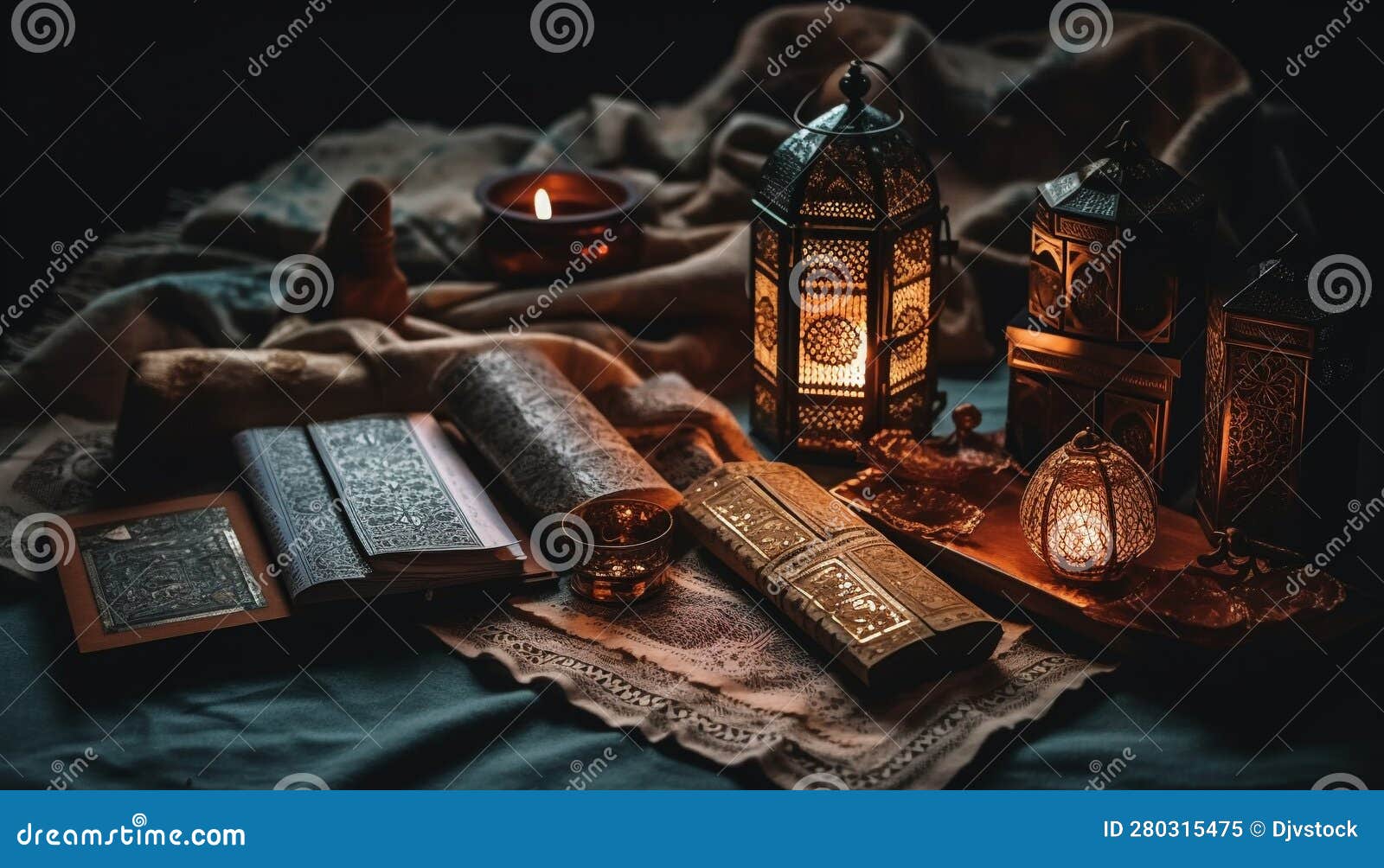 Old Fashioned Table Illuminated by Candle Flame, Reading Ancient ...