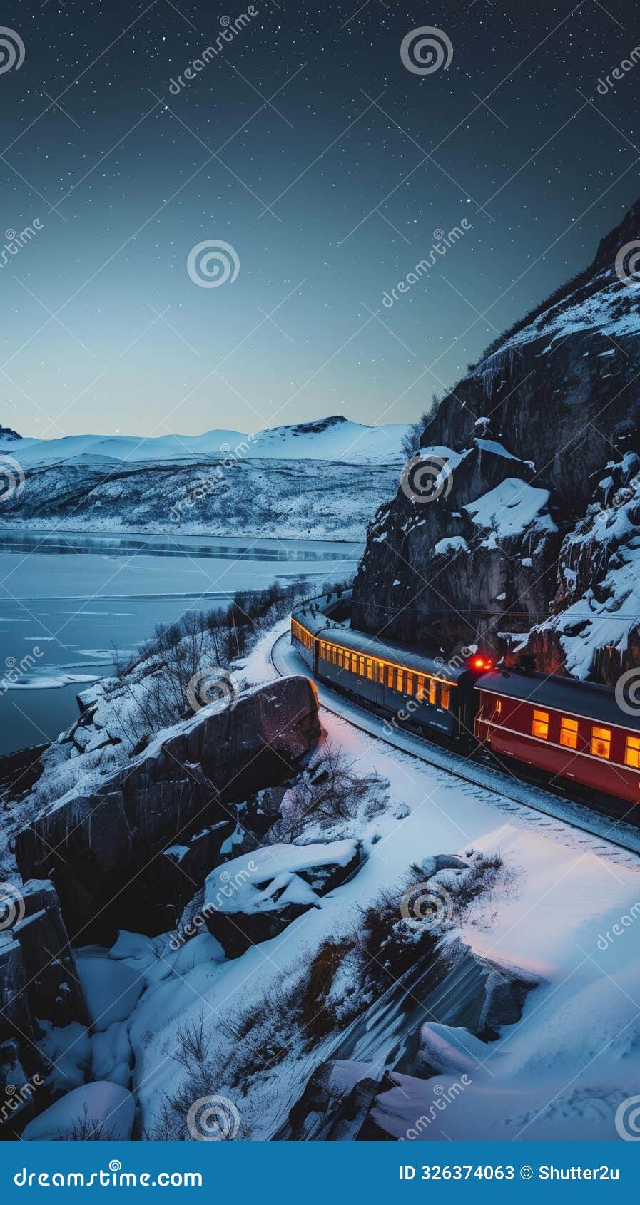 An Old Fashioned Train Winding Around Icy Cliffs Under The Cold Starry ...