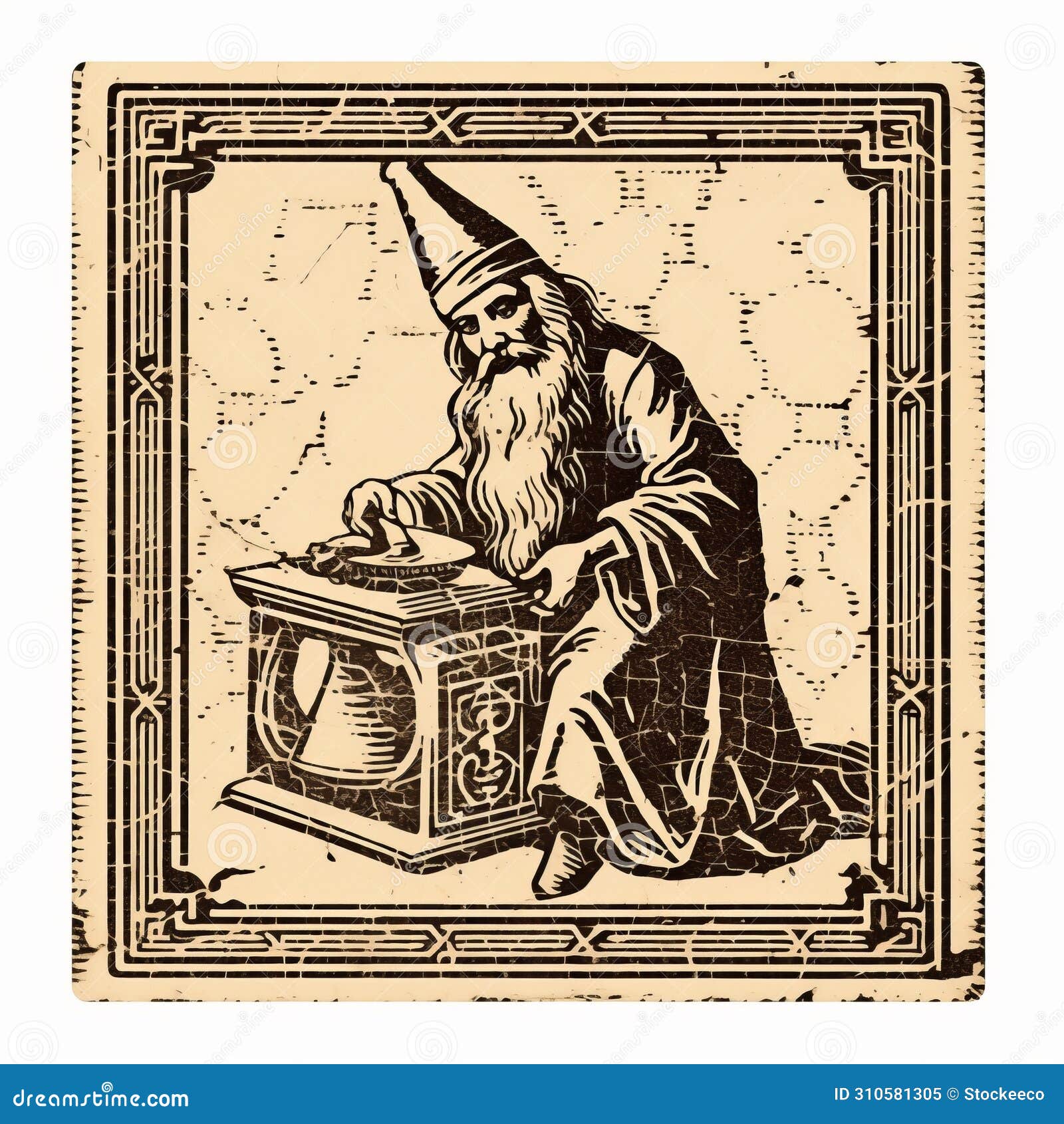 Vintage Wizard Illustration: Black and White Print with Genie Stamp ...