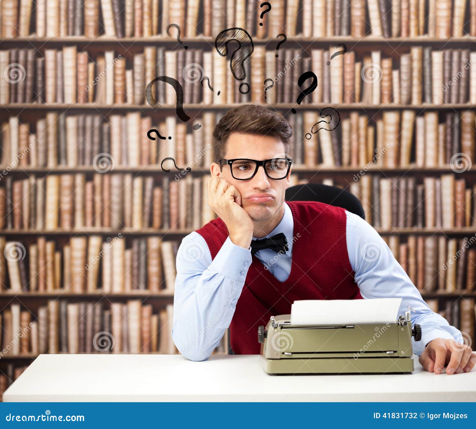 Old Fashioned Writer with Question Marks Over Head Stock Photo - Image ...