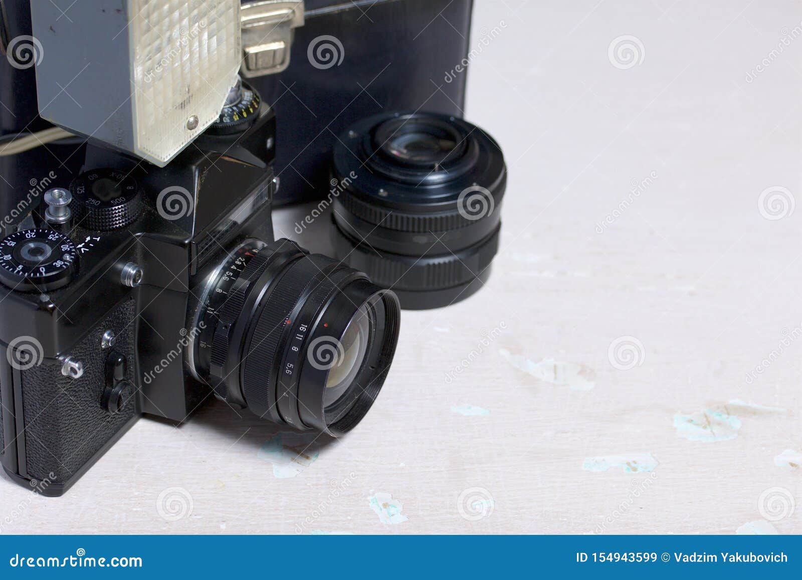 Old Film Camera, Removable Lens and Wired Flash. they Lie on the ...