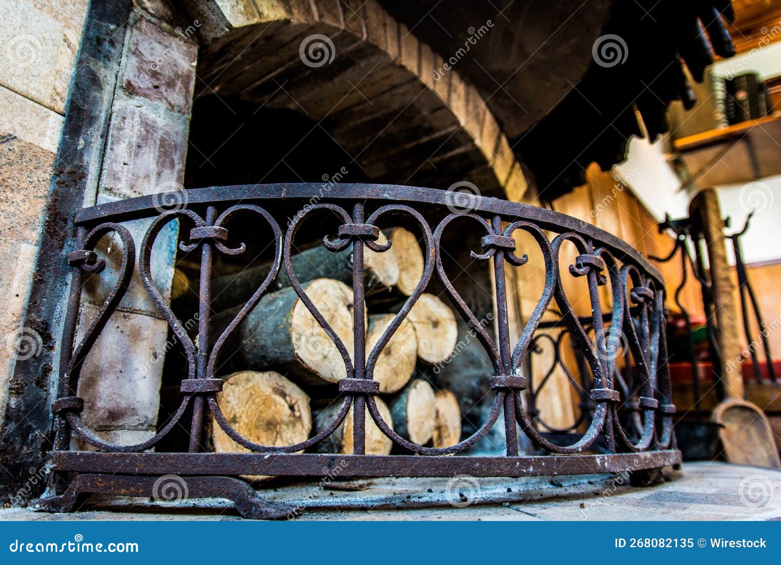 Old Fireplace Design with Handmade Fireguard. Stock Image - Image of ...