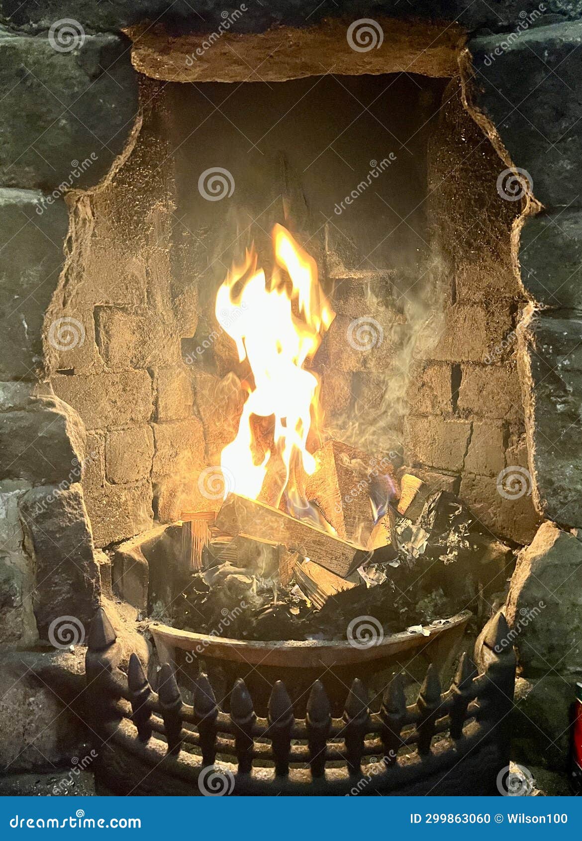 Fireplace with Wood Fire stock photo. Image of fire - 299863060
