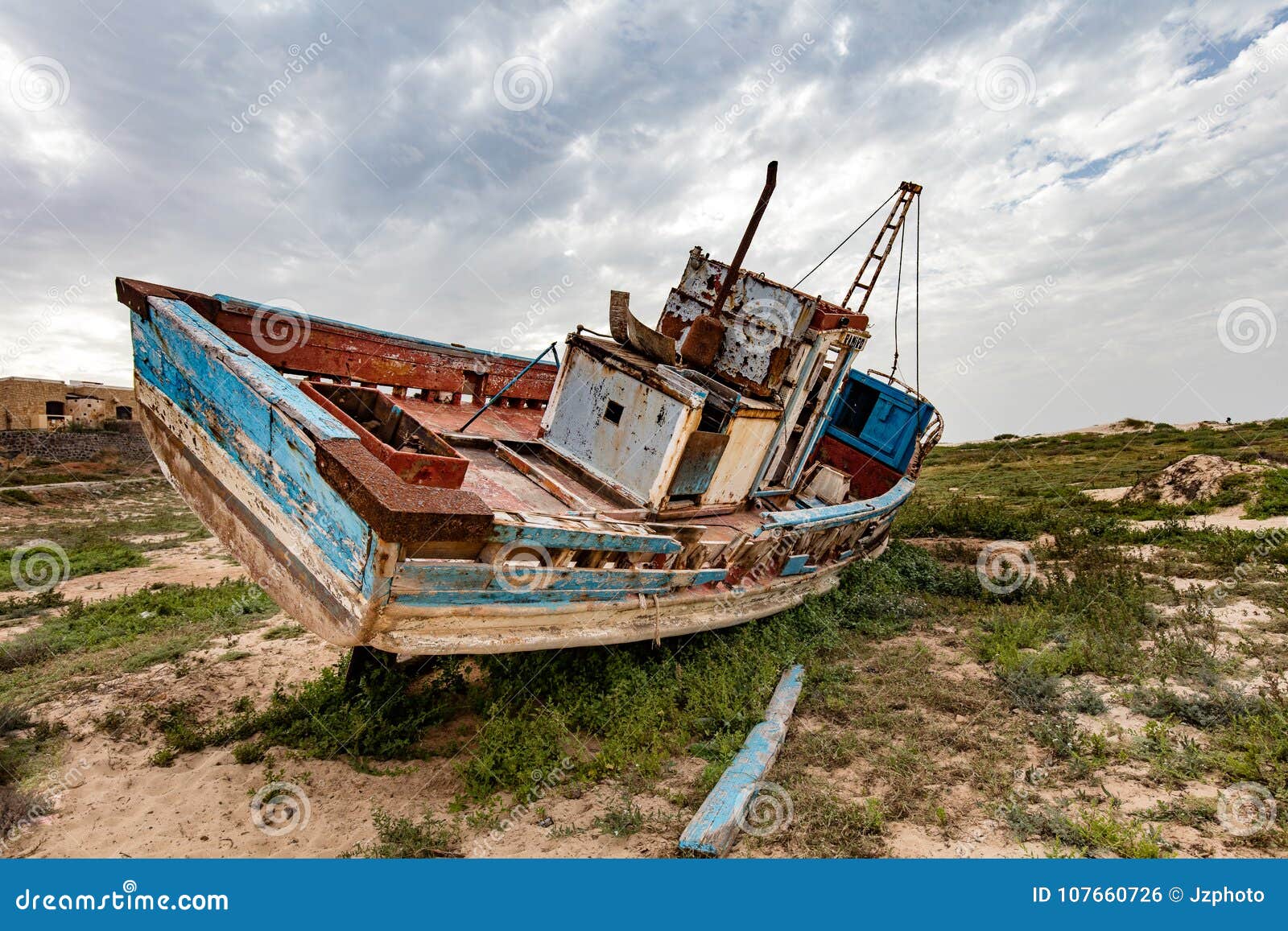 Old fishing boat on land stock photo. Image of desert - 107660726