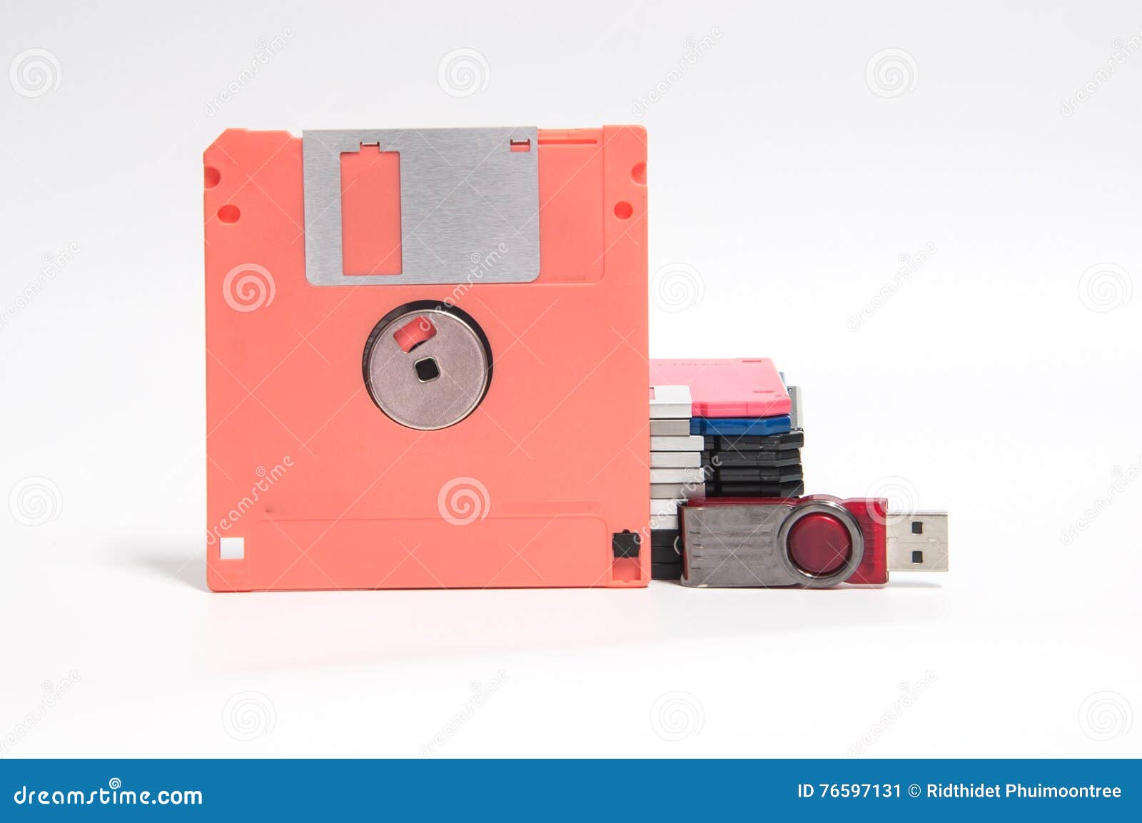 Old Floppy Disk and Flash Drive Put on White Background. Stock Image ...