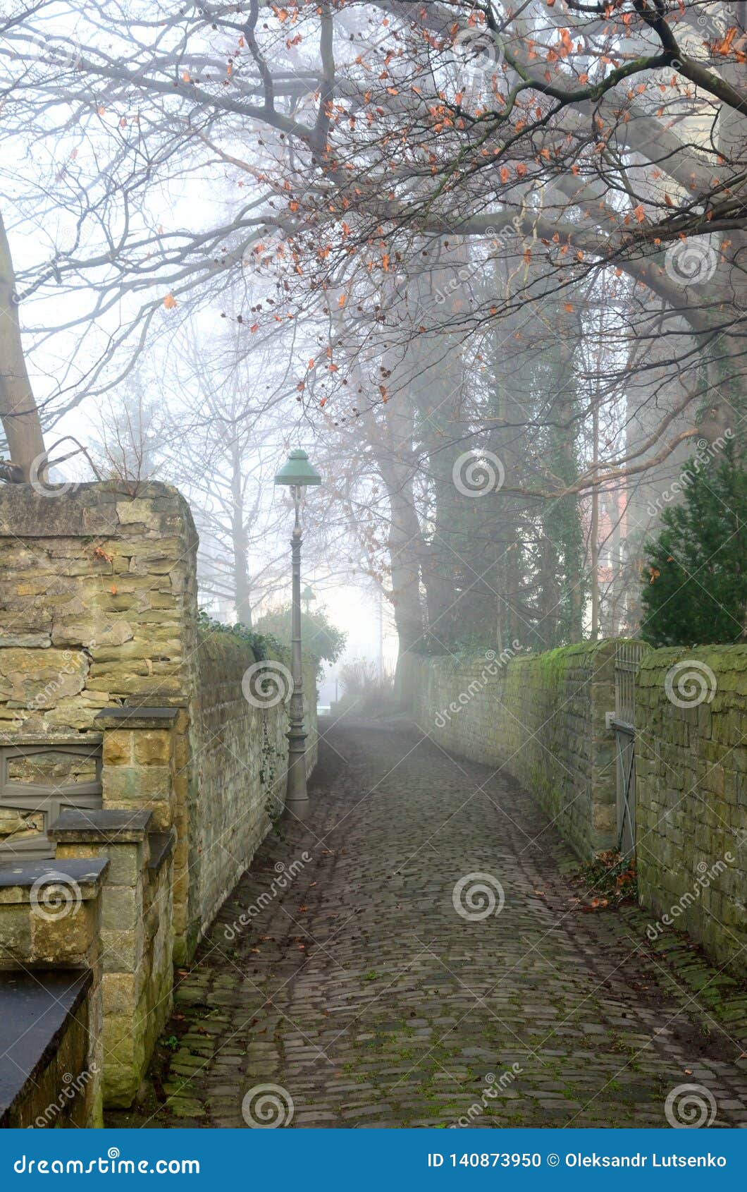 Old foggy street stock photo. Image of stones, european - 140873950