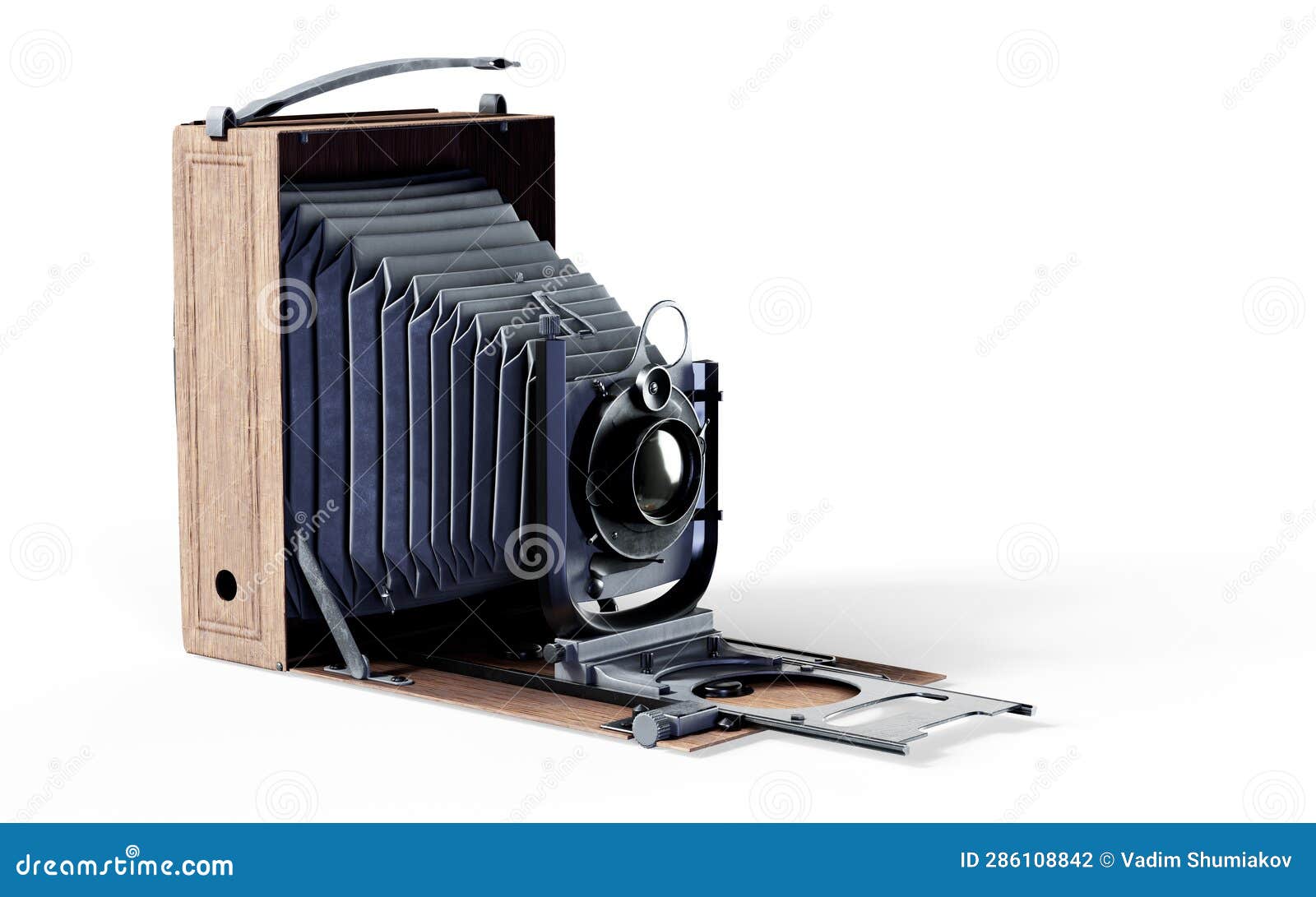 Old Folding Camera 3d Render Rustic Wooden Surface on White Stock Illustration - Illustration of ...