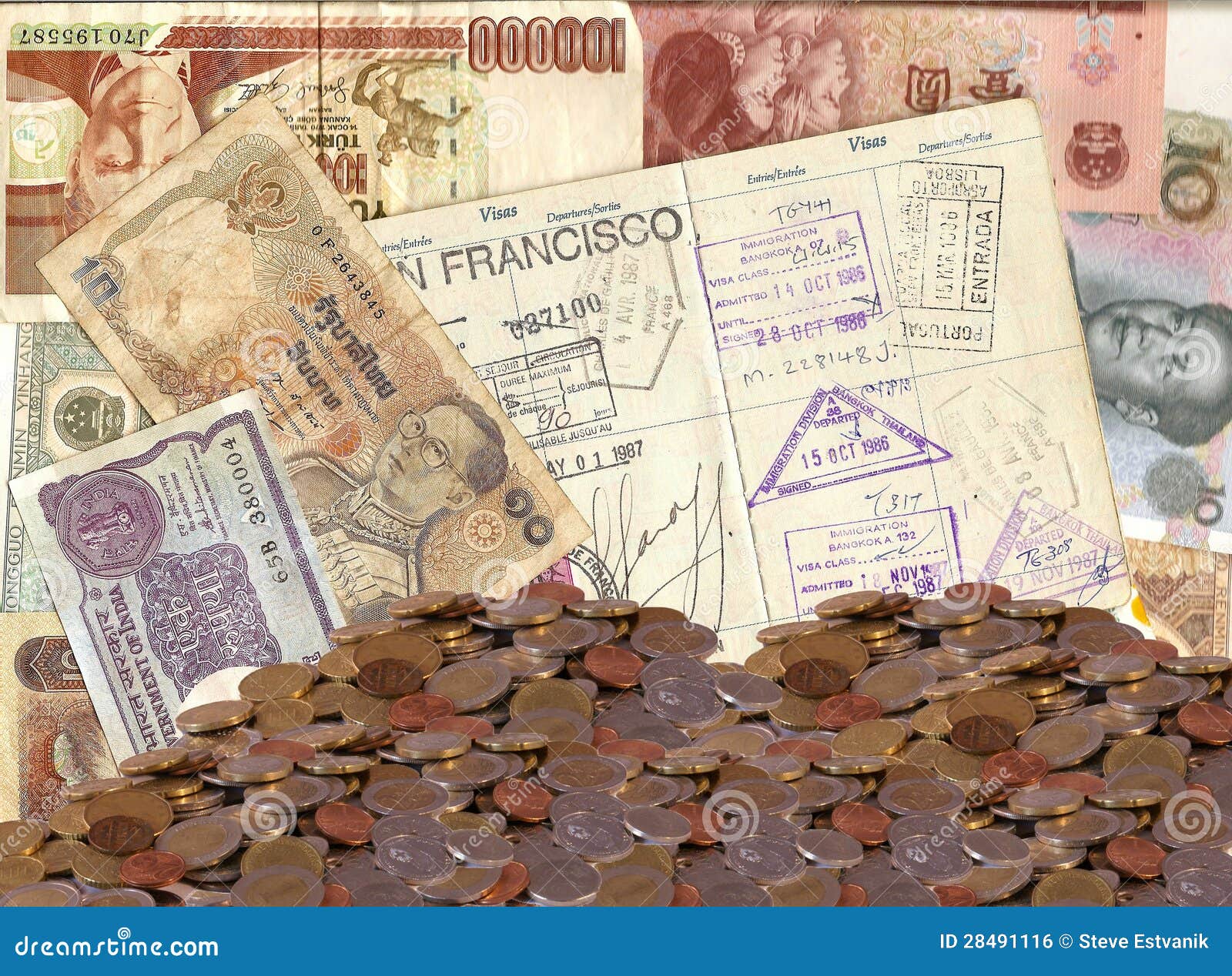 Old Foreign Currency and Piles of Coins Stock Photo - Image of travel ...