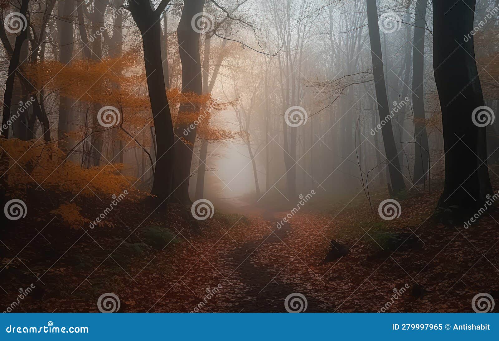 Old Forest with a Path and in the Fog Stock Illustration - Illustration ...