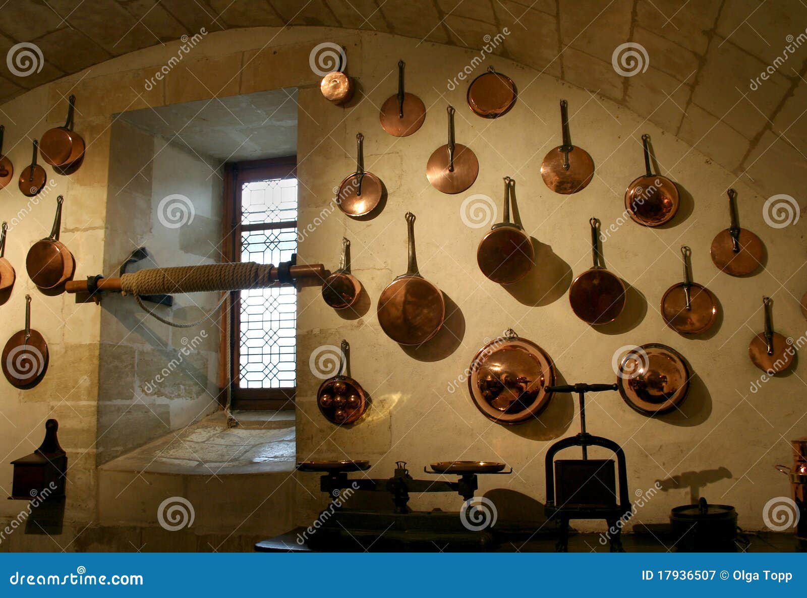 Old French Kitchen and Copper Cookware Stock Image - Image of chateaux ...