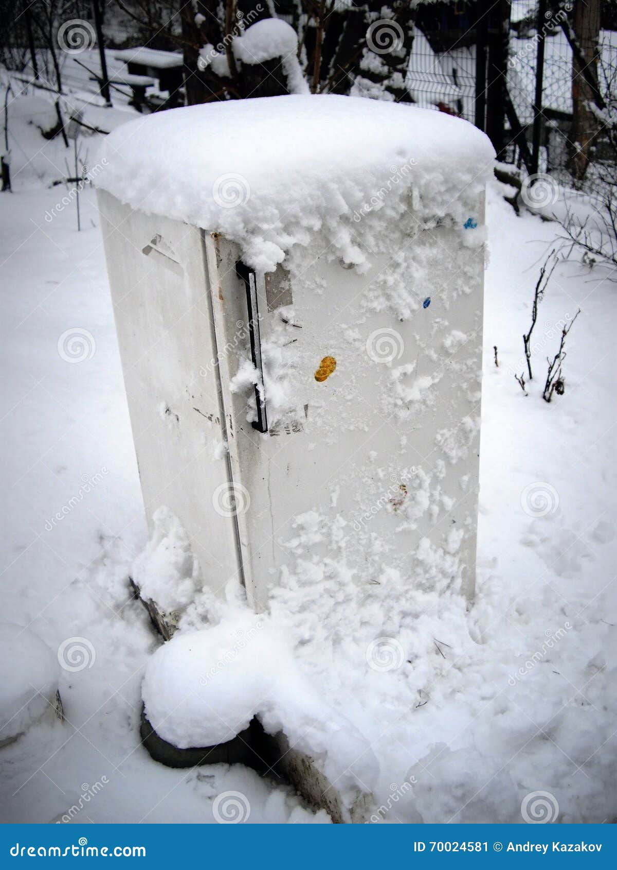 Old fridge in the snow stock image. Image of freezer - 70024581