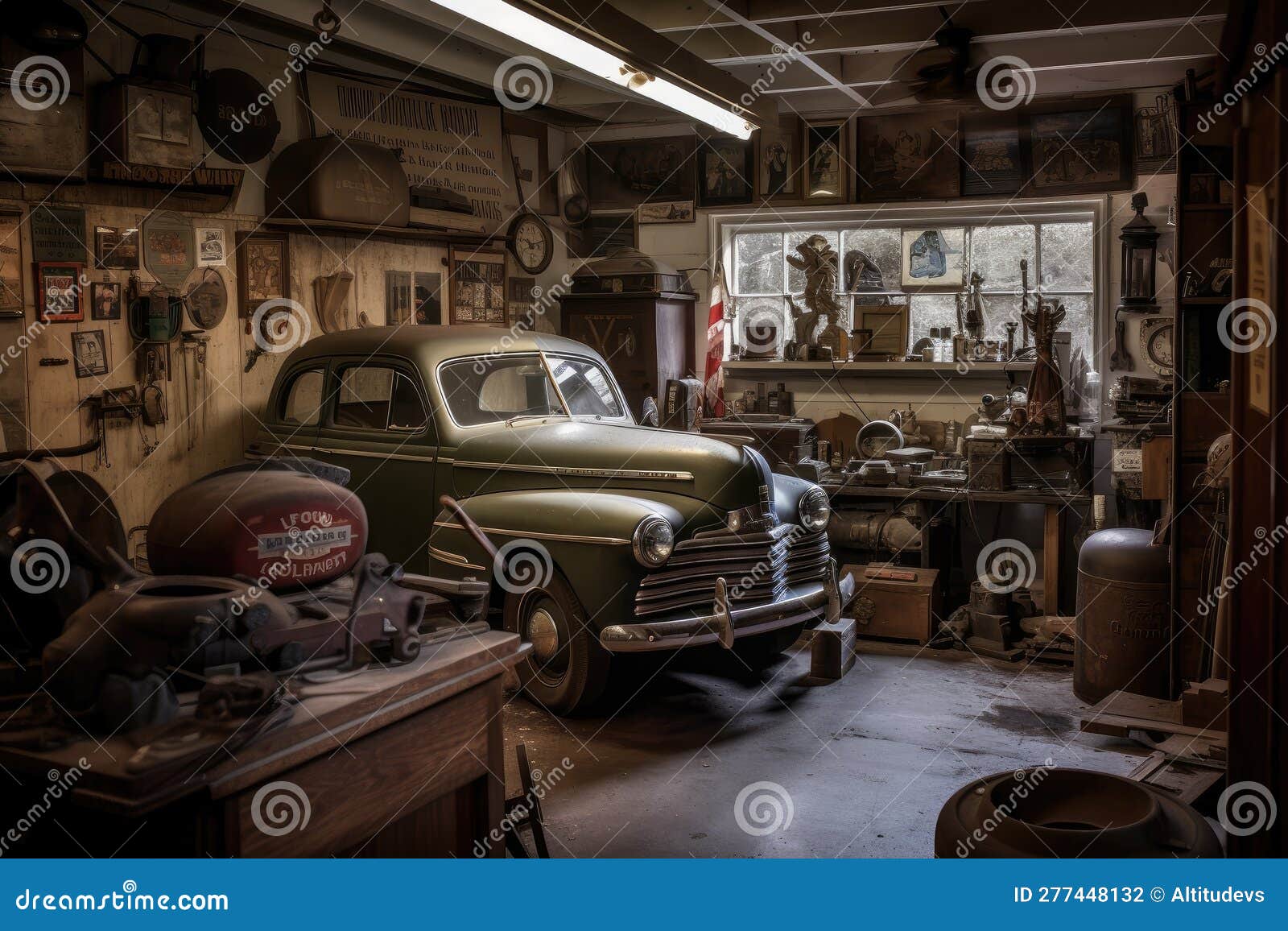 Old Garage, With Car And Tools On Display, Serving As Tribute To The ...