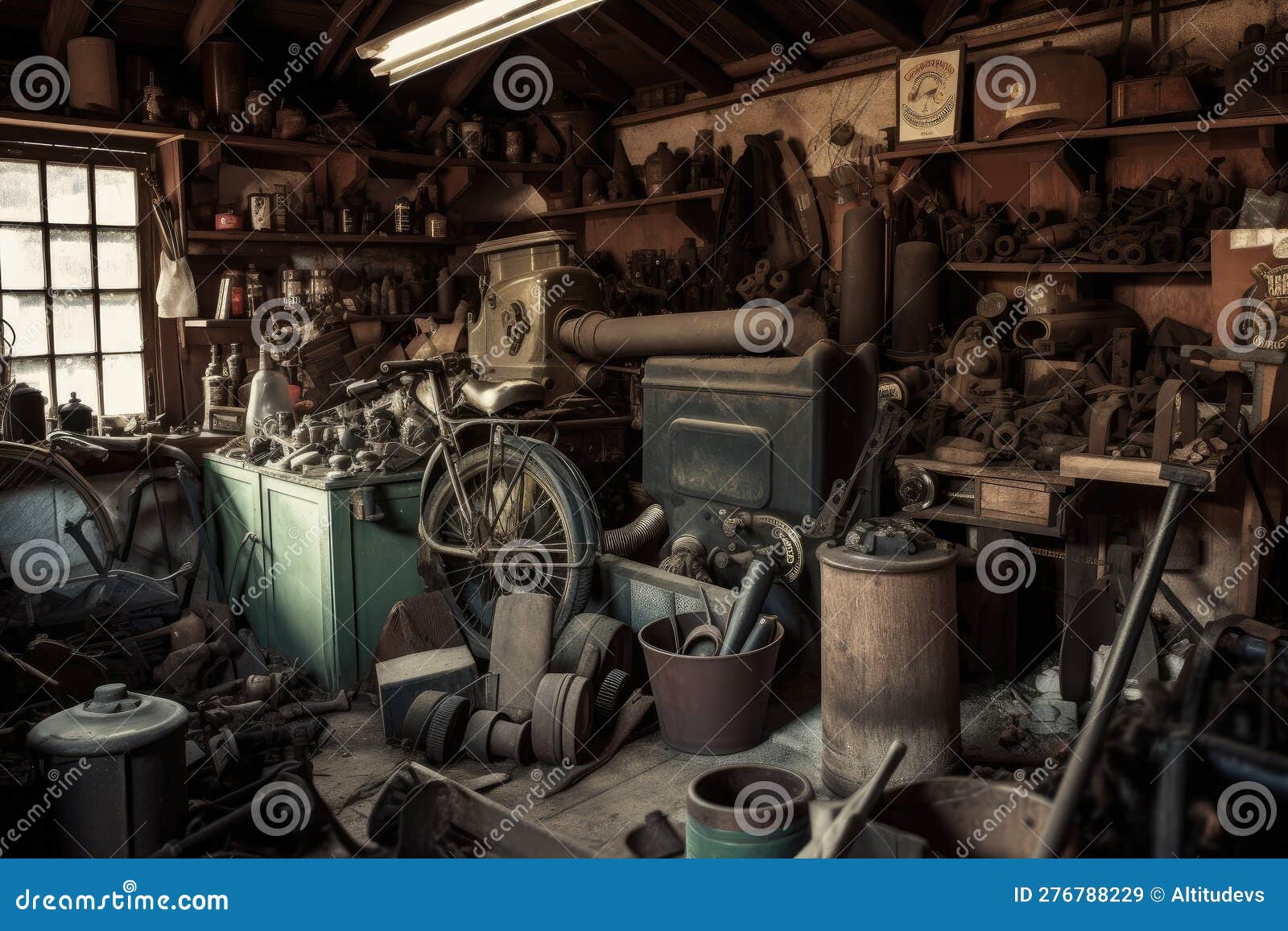 Old Garage with Collection of Vintage Tools, Engines and Parts Stock ...