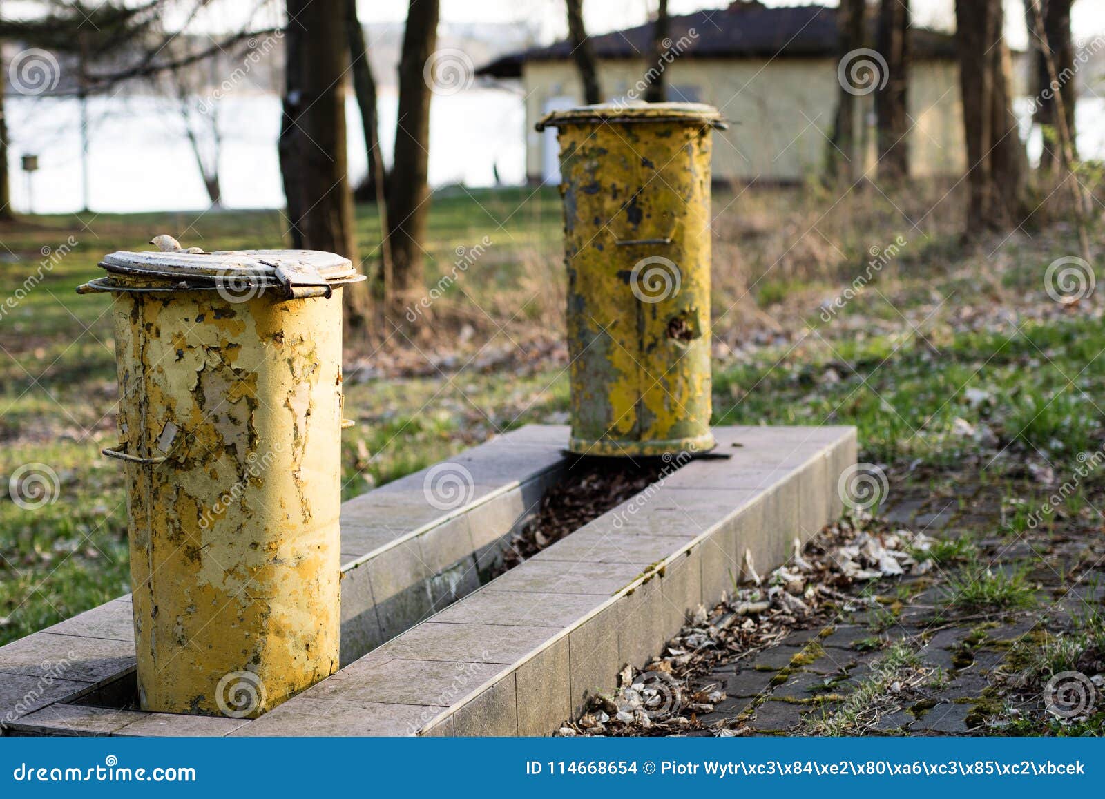 An Old Garbage Bin. Waste Trash Cans Set in a Park between Trees Stock ...