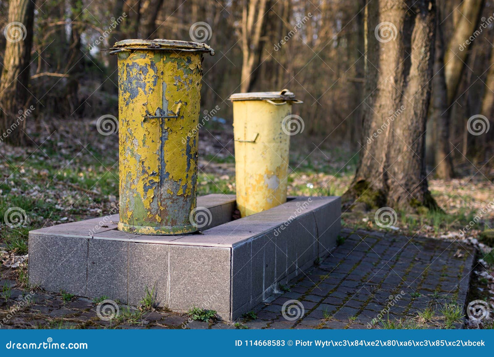 An Old Garbage Bin. Waste Trash Cans Set in a Park between Trees Stock ...
