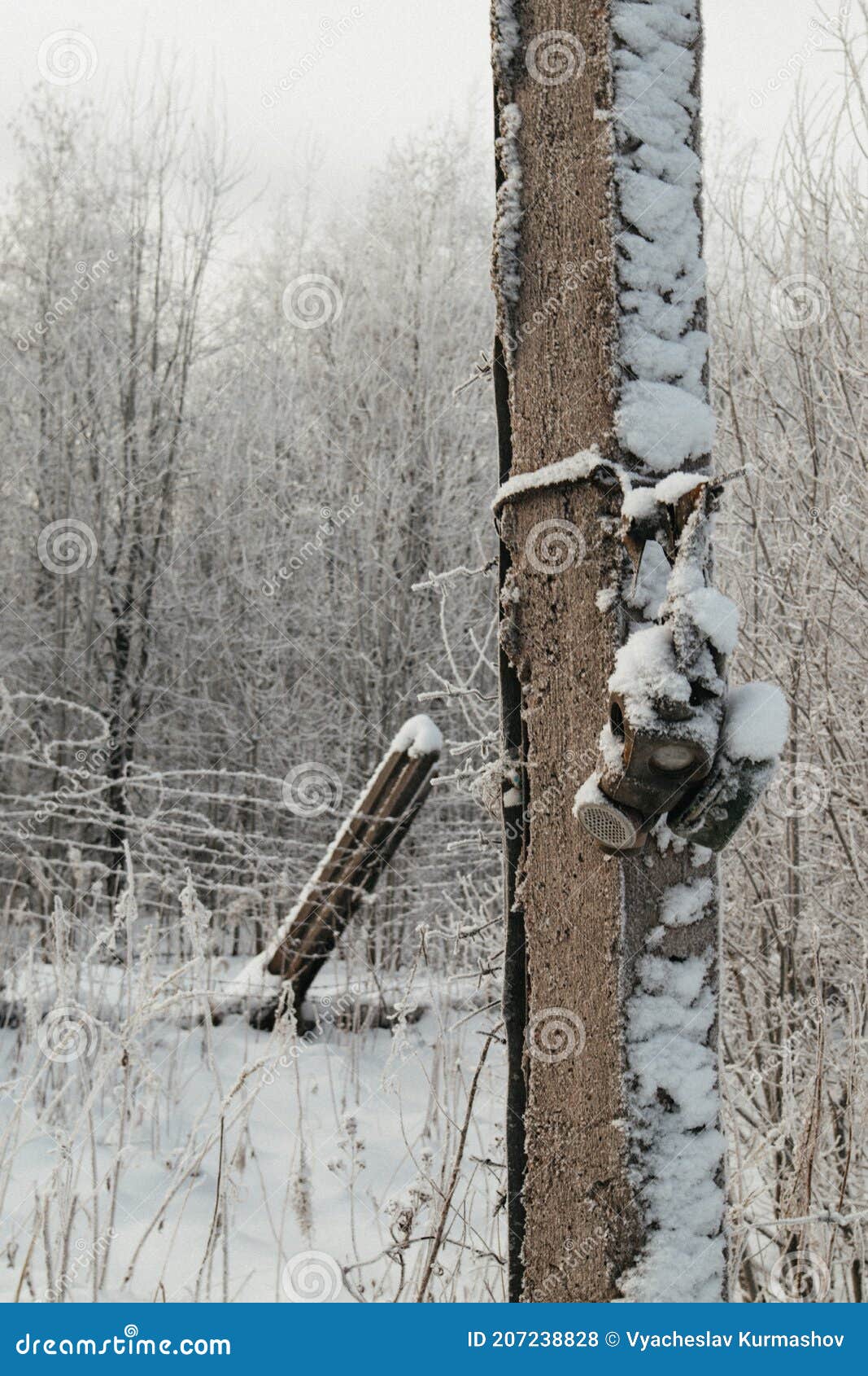 Old Gas Mask Hanging on a Pole in Winter. Snow Covered. Stock Photo ...