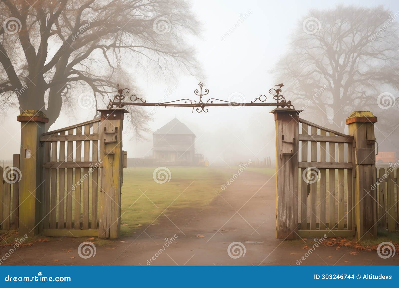 Old Gate Partially Visible in Thick Morning Mist Stock Illustration ...