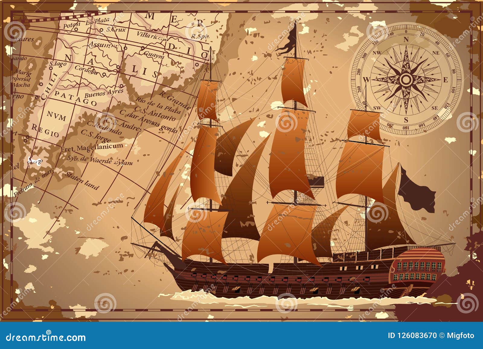 Old map with the ship. stock vector. Illustration of flag - 126083670