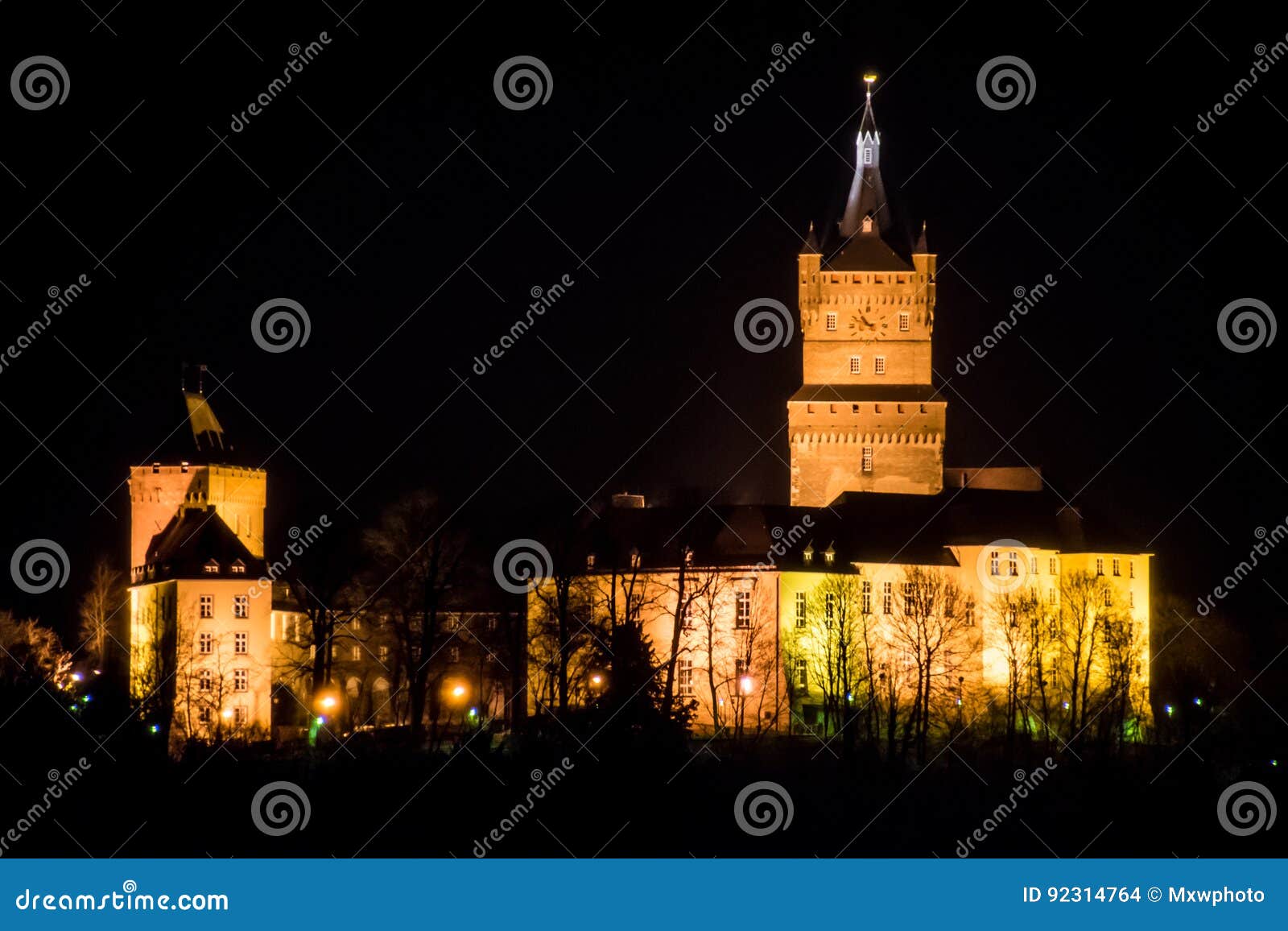 Old German Castle Tower Clock Palace at Night Stock Photo - Image of ...