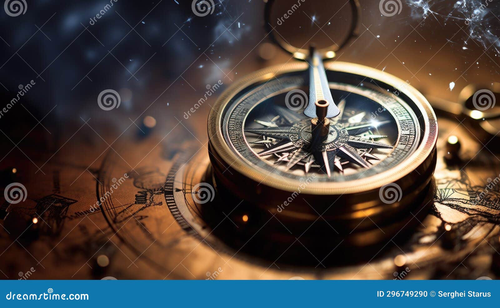 An Old Gold Compass is on Top of a Map, AI Stock Photo - Image of west ...