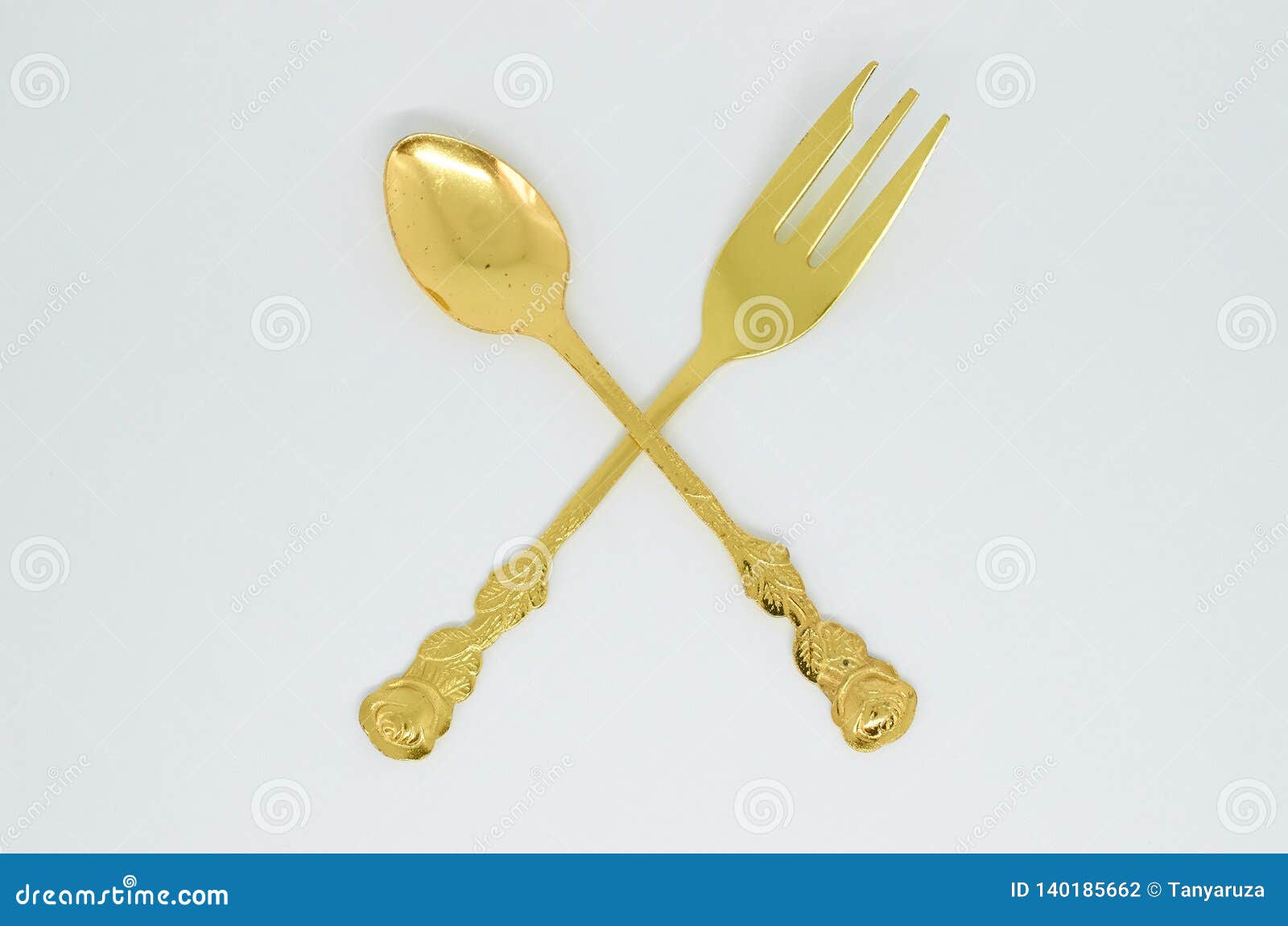 Old Gold-plated Spoon Fork Crossed with Each Other Stock Photo - Image ...
