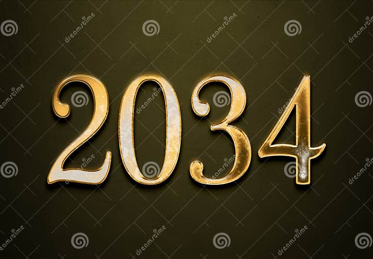 Old Gold Effect of 2034 Number with 3D Glossy Style Mockup. Stock ...