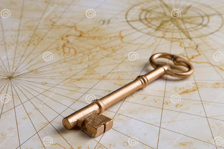 Old golden key on map stock photo. Image of vintage, house - 10780984
