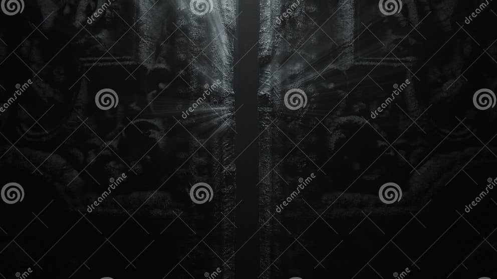Old Gothic Stone Door To Hell with Patterns. Volumetric Rays of Light ...