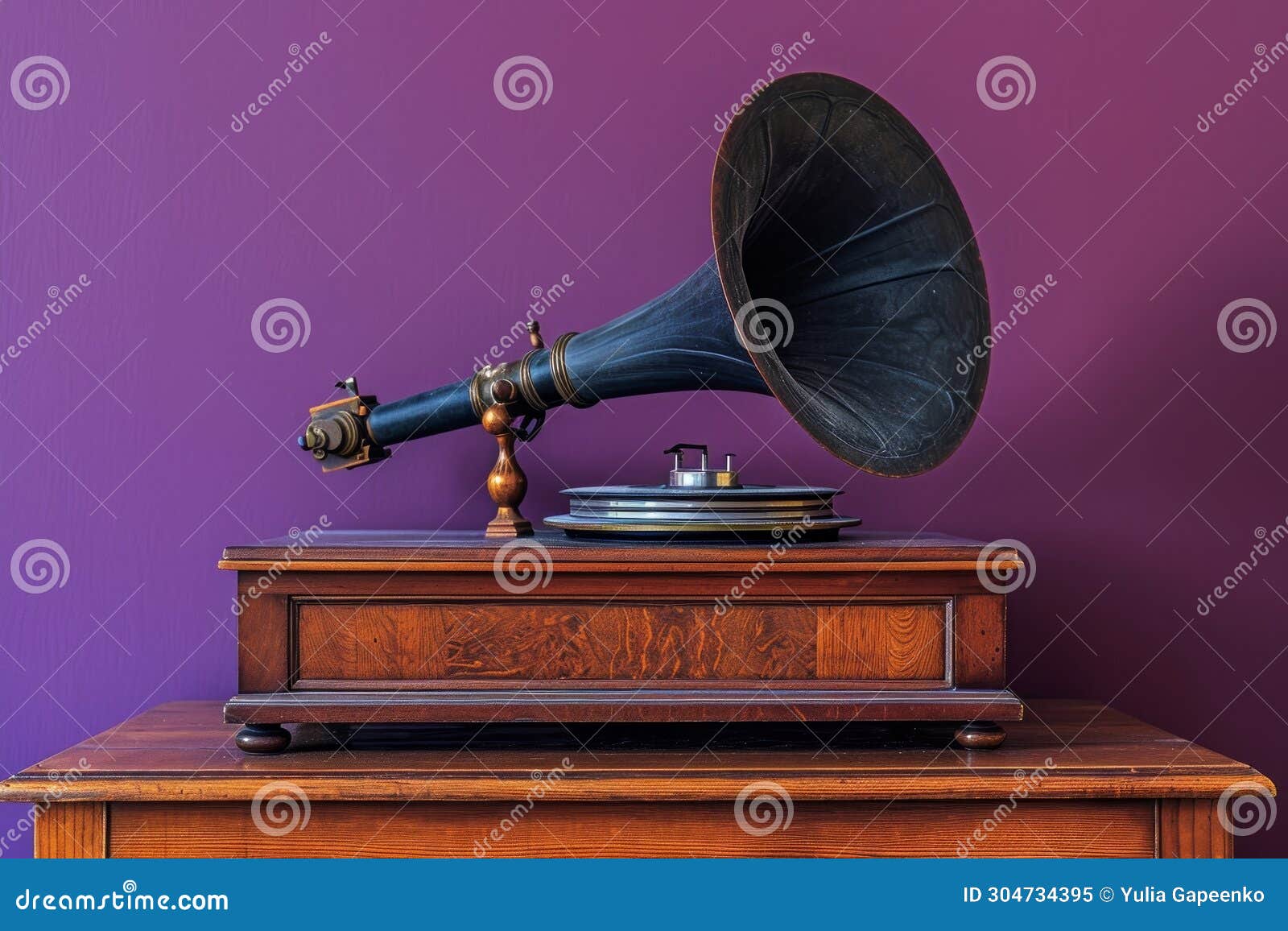 Old Gramophone on Wooden Table in a Purple Room Stock Image - Image of ...
