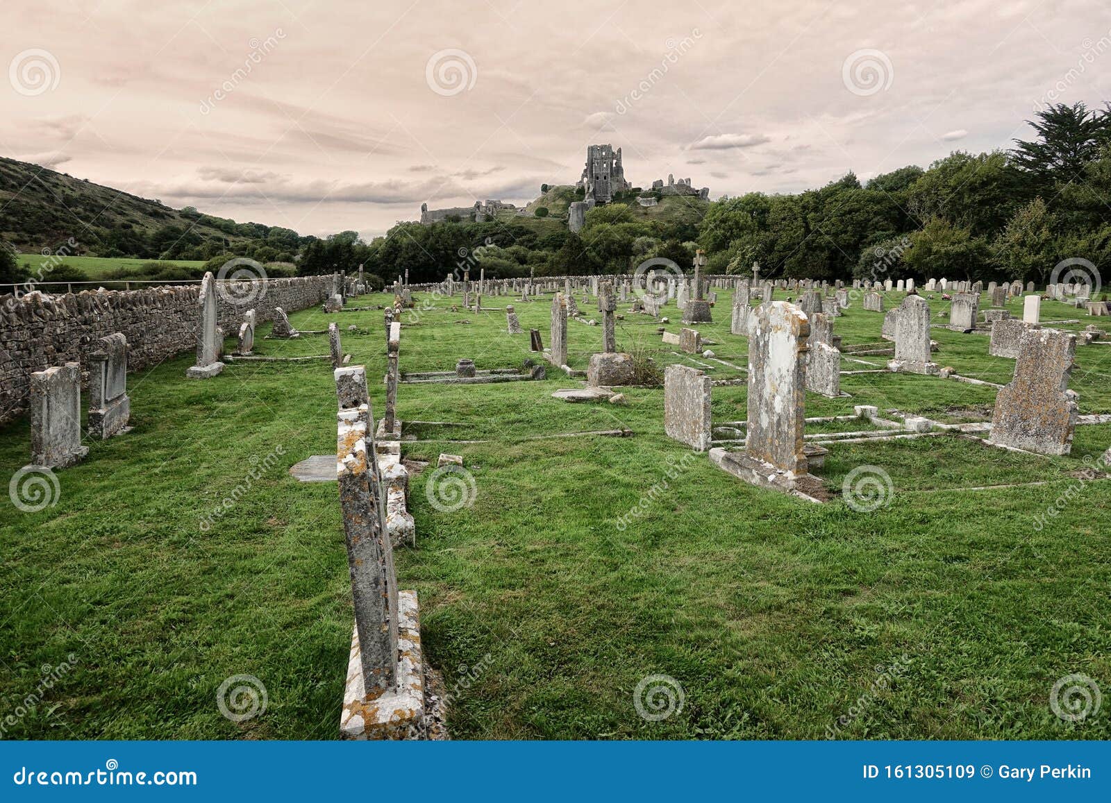 Old Gravestones and Crosses in a Graveyard or Cemetery, with Castle ...