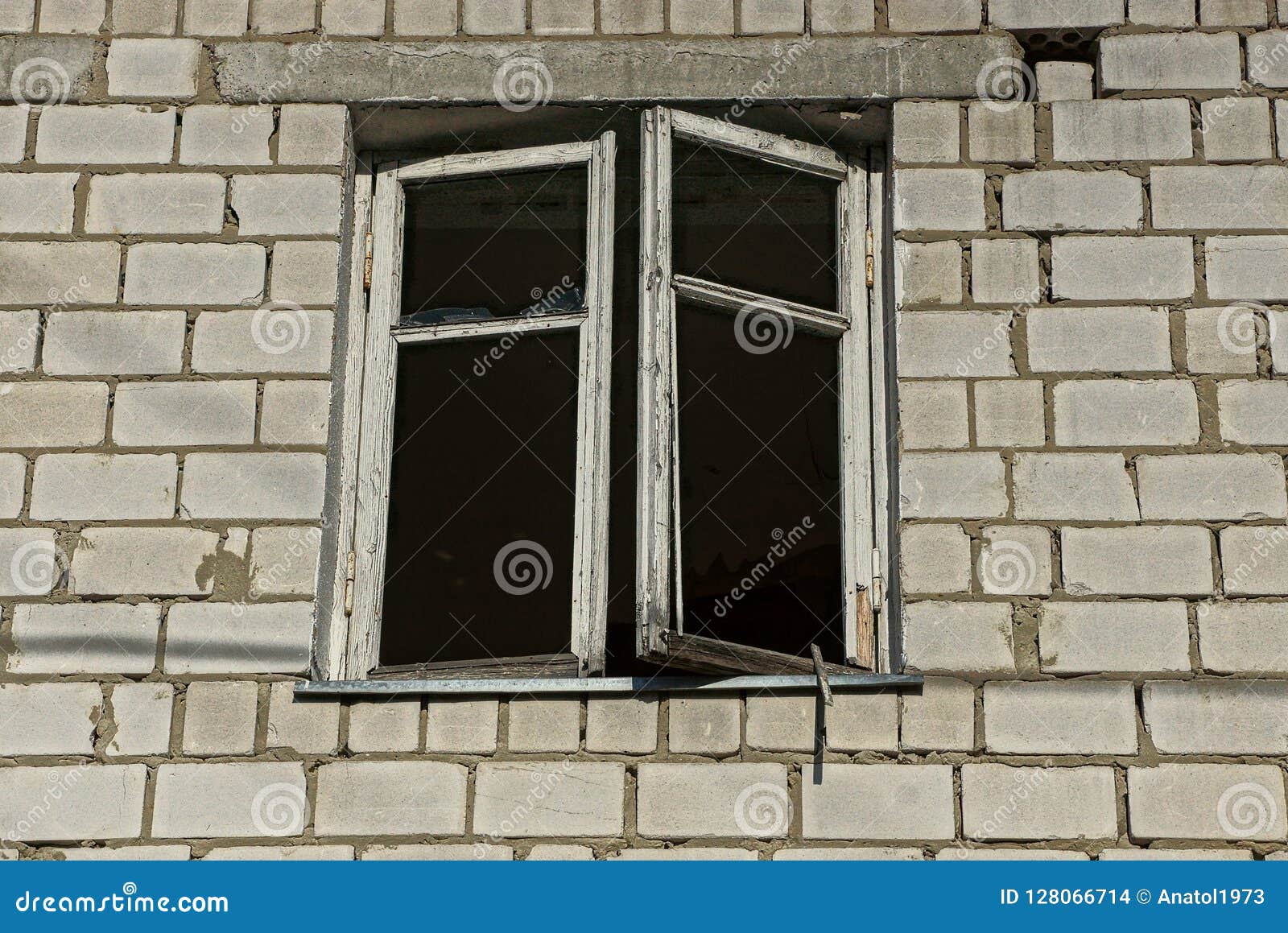 Old Gray Broken Open Window on Brick Wall Building Stock Photo - Image ...