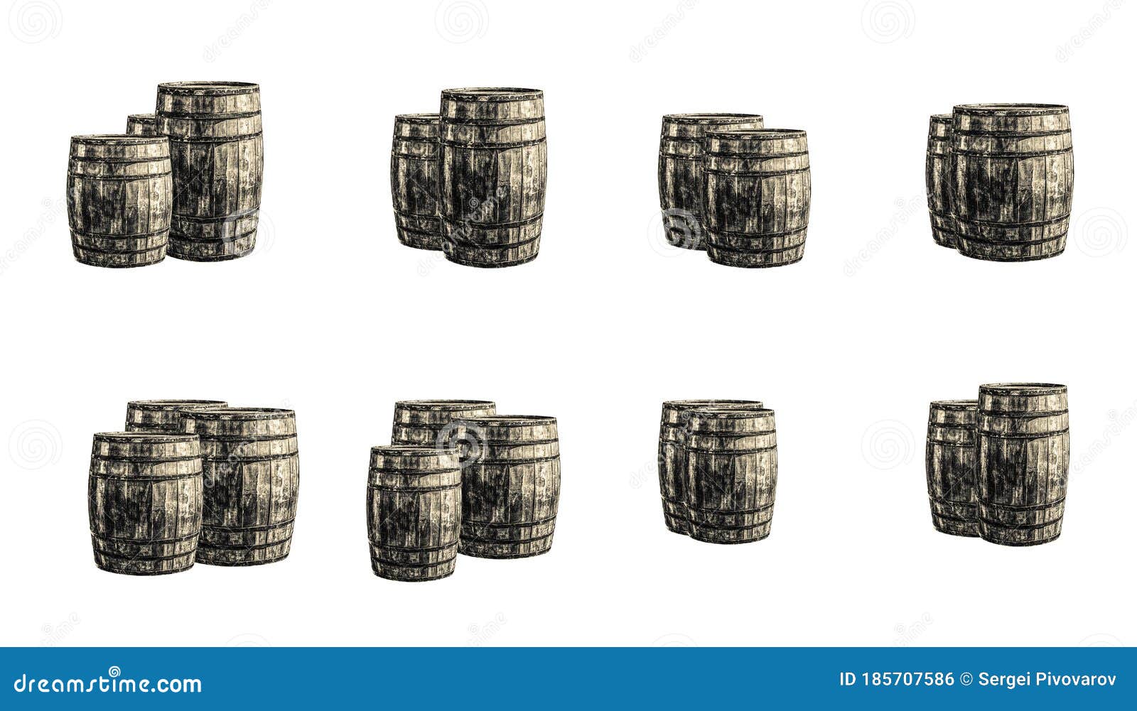 Old Gray Oak Barrel Set Winemaking on a White Isolated Background Stock ...