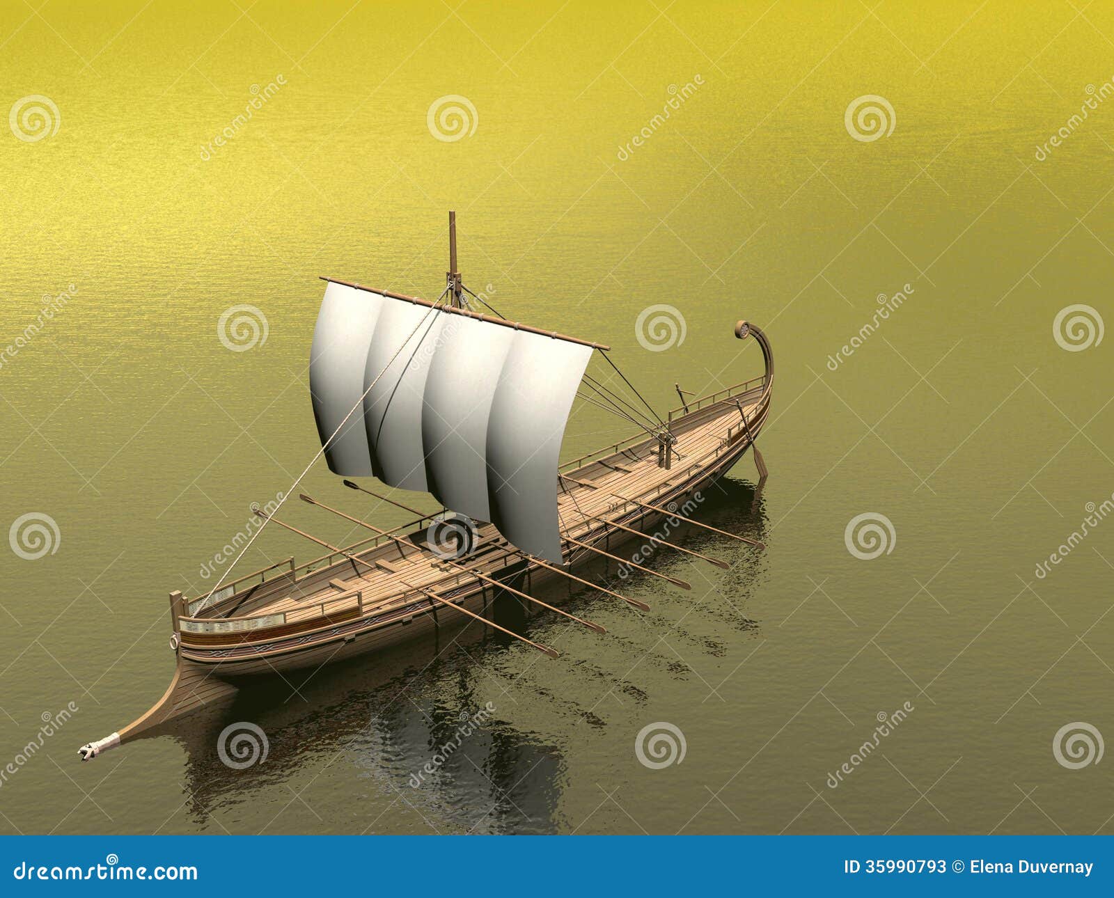 Old greek boat - 3D render stock illustration. Illustration of clouds ...