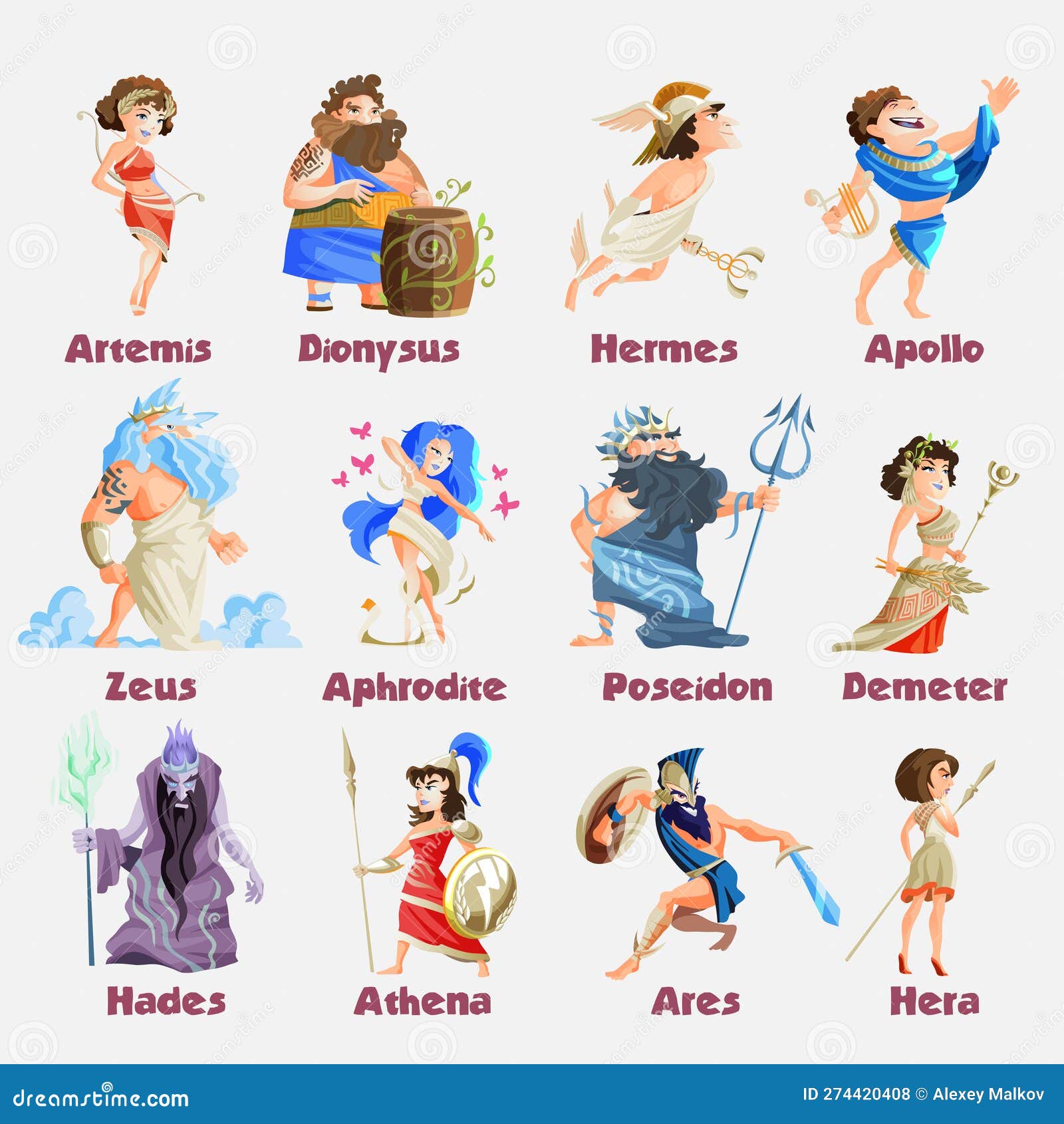 Old Greek Gods Cartoon Figures Set With Dionysus Zeus Poseidon Aphrodite Apollo Athena Vector