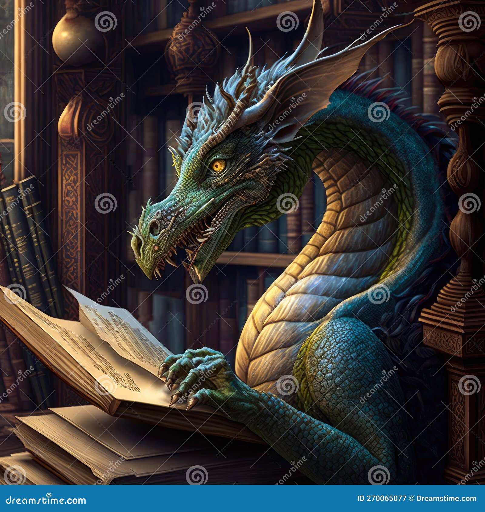 An Old Green Dragon Reading Books in His Library. Created with ...