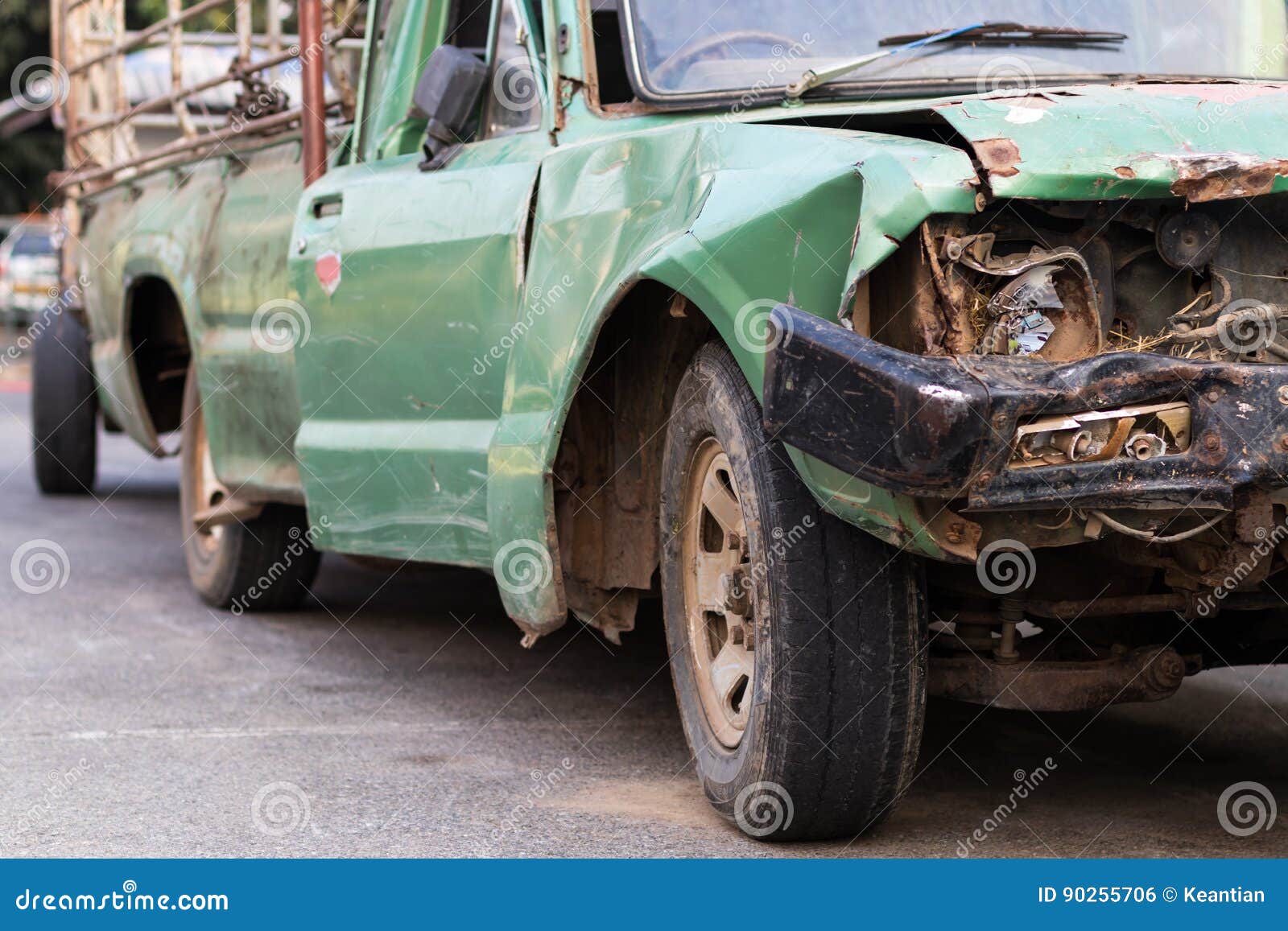 Old green pickup damaged. stock photo. Image of grungy - 90255706