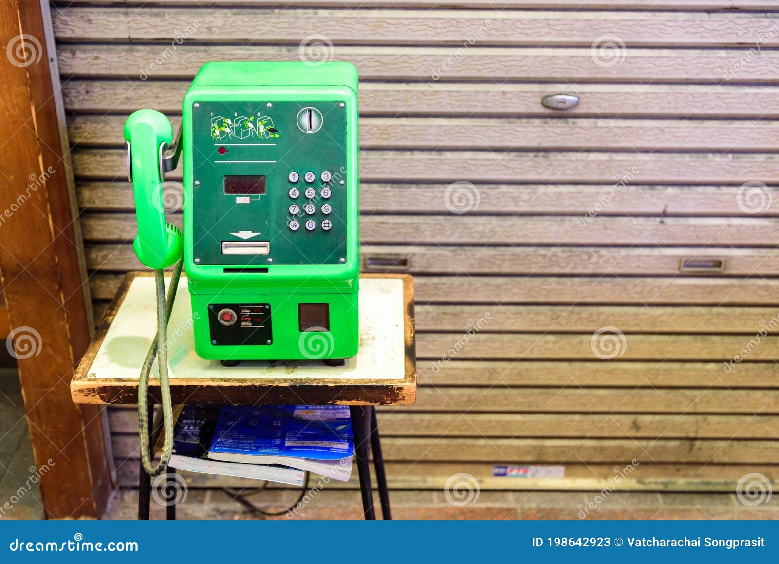 Old Green Public Telephone Put on the Table Stock Image - Image of ...
