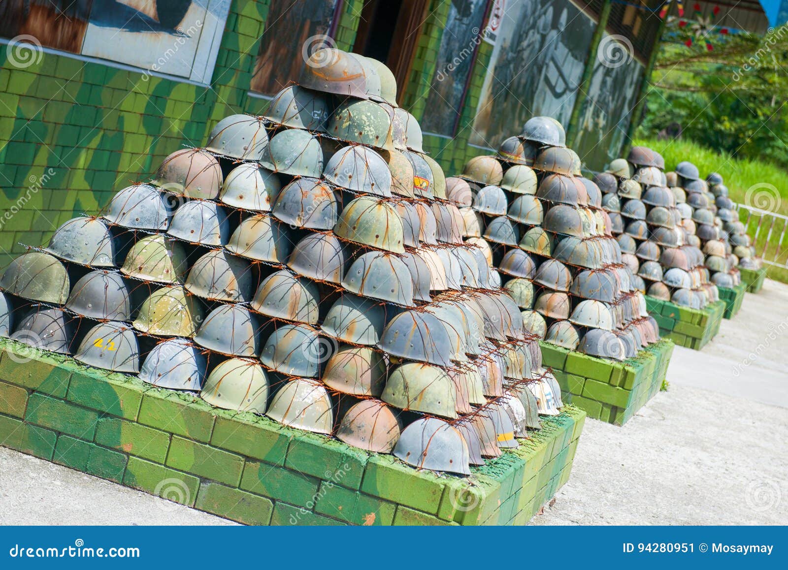 Old Green Soldier Helmet in Front Od Barracks Stock Image - Image of ...
