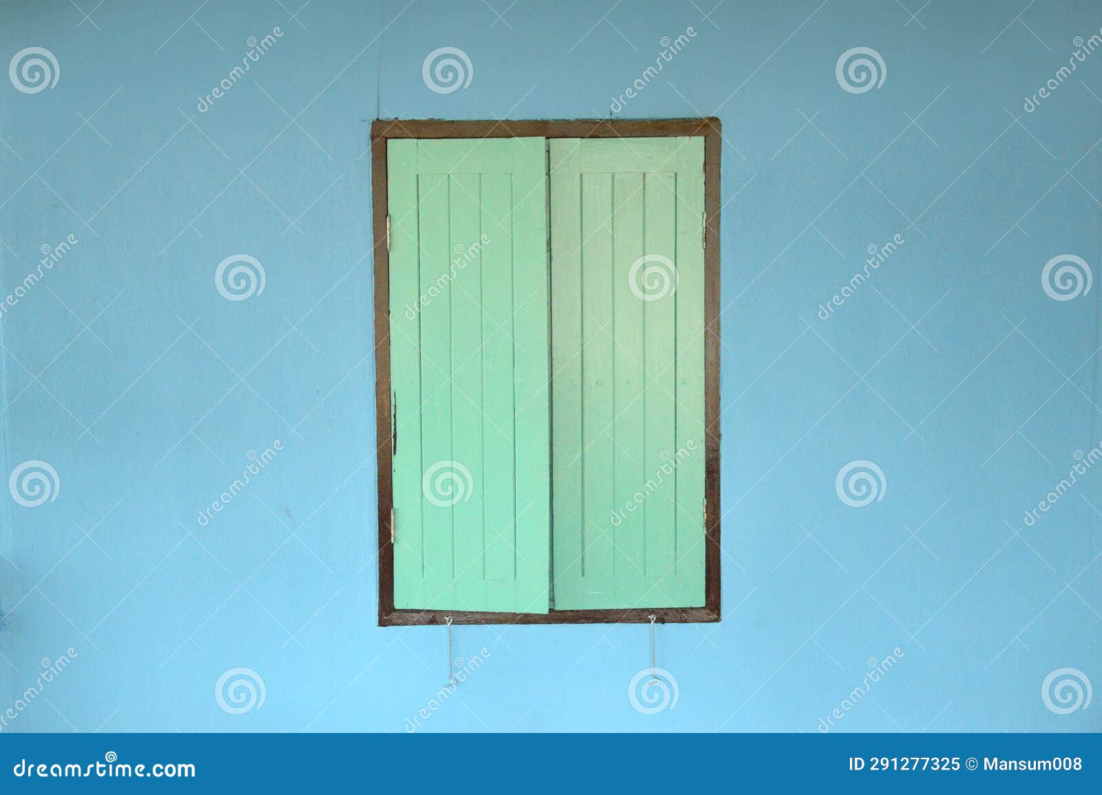 Old Green Window with Blue Wall Stock Image - Image of background ...